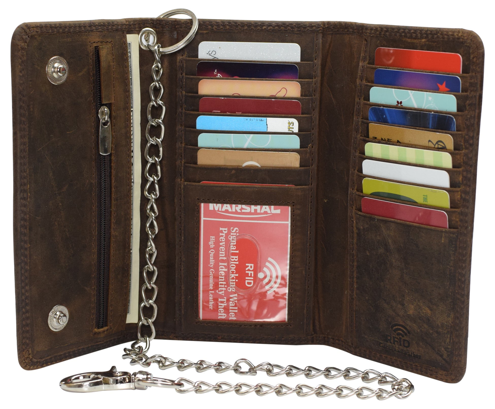 Men's RFID Signal Blocking Biker's Vintage Leather Long Tri-fold Silver ...