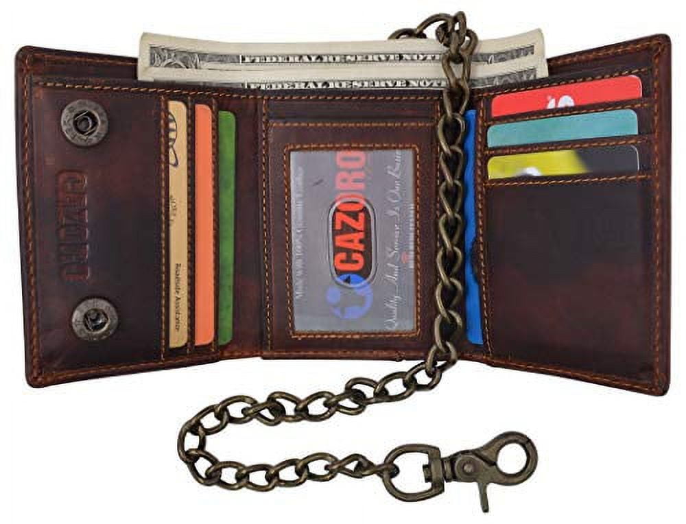 Men's RFID Signal Blocking Motorcycle Biker Brown Trifold Wallet With ...