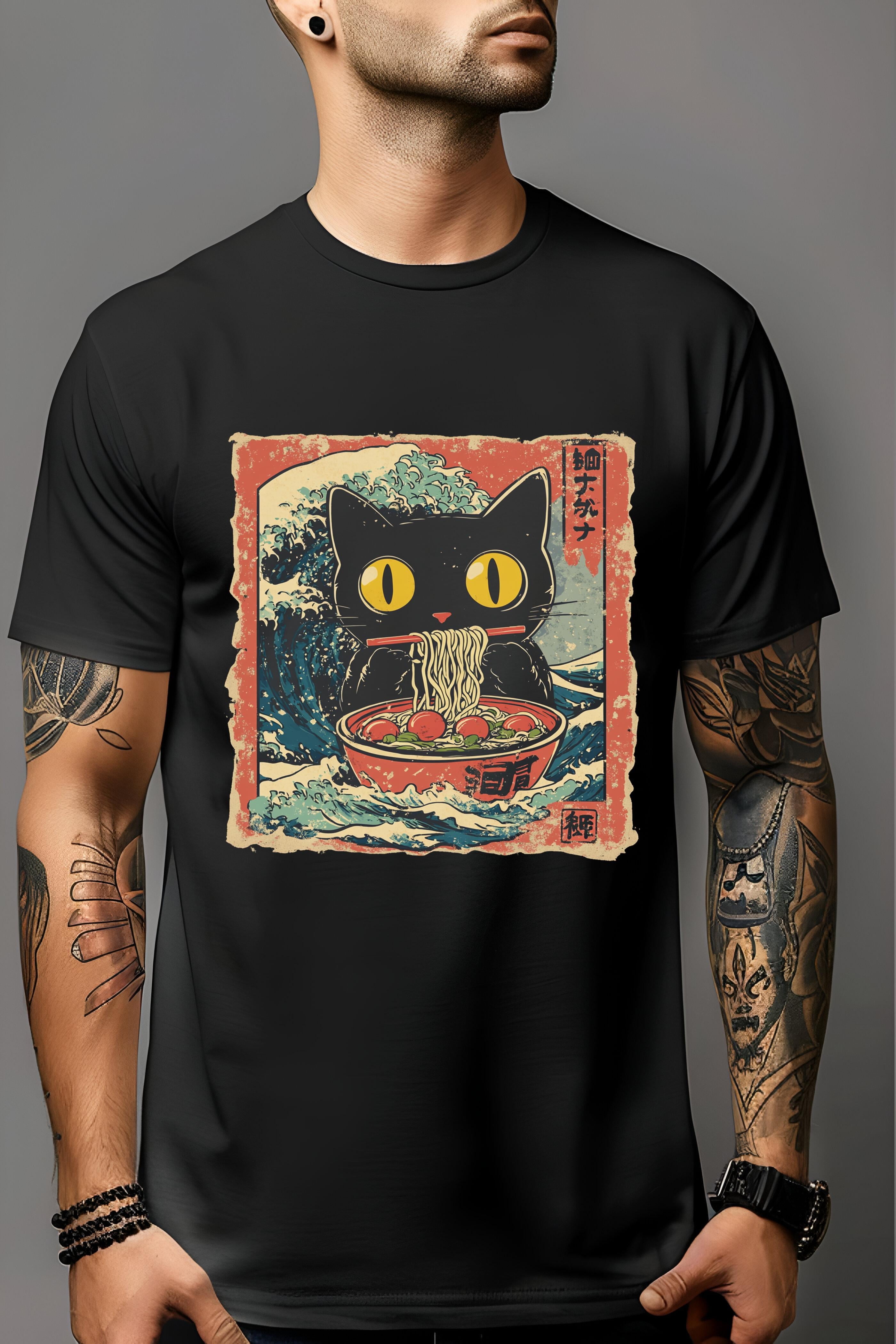 Men's Ramen Black Cat Japanese Style Graphic Print T-Shirt For Men ...