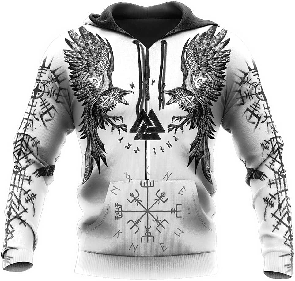 Men's Raven Celtic Knot Vegvisir Tattoo Full Zip Hoodie, Norse Mythology 3d Printed Long Sleeve ...