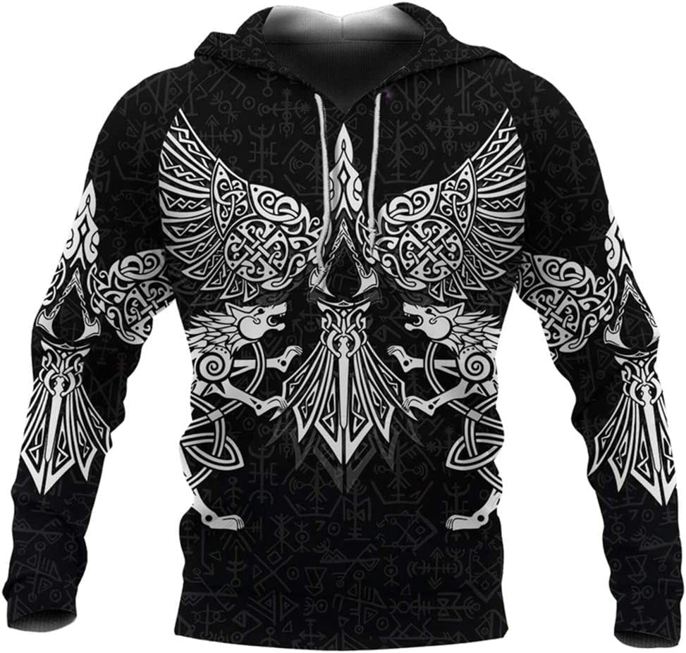Men's Raven Fenrir Wolf Rune Tattoo Full Zip Hoodie, Norse Mythology 3D ...
