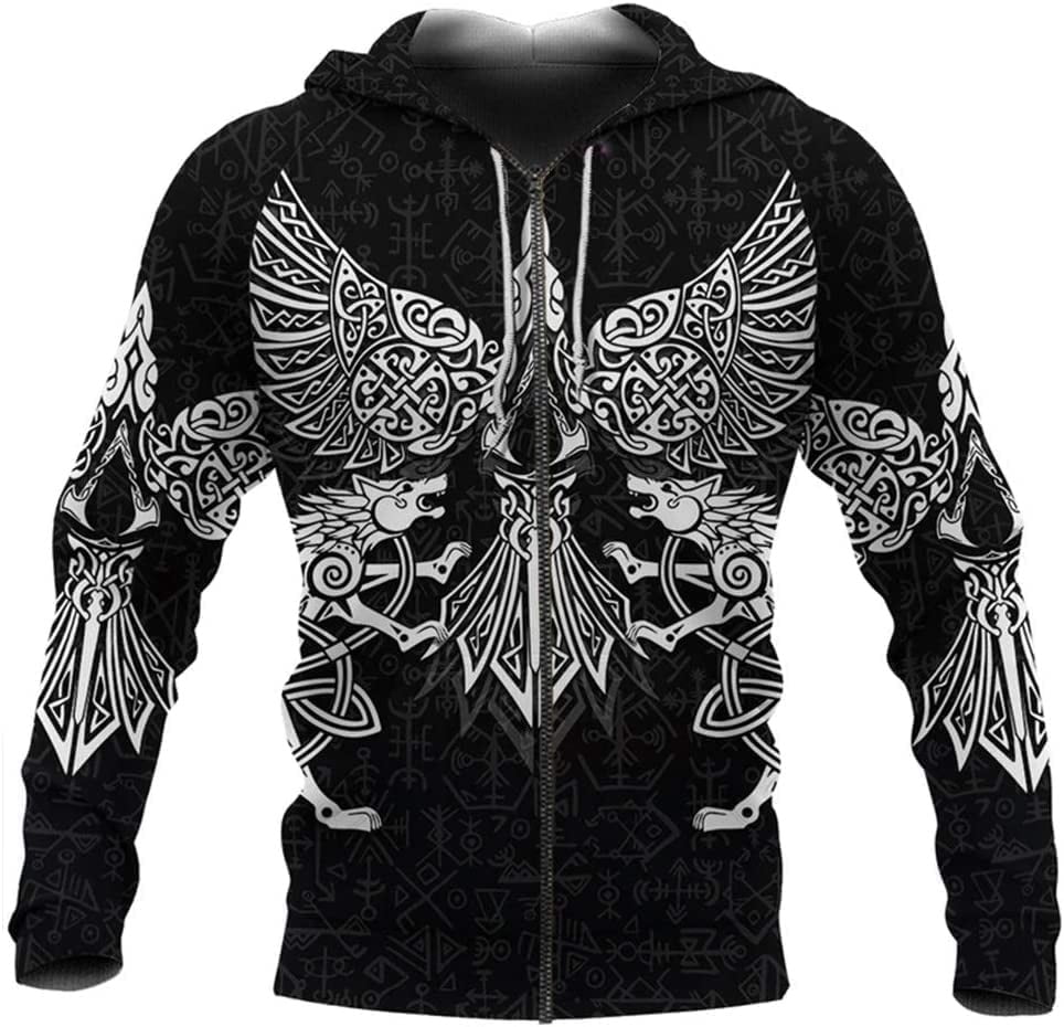 Men's Raven Fenrir Wolf Rune Tattoo Full Zip Hoodie, Norse Mythology 3D Printed Long Sleeve ...