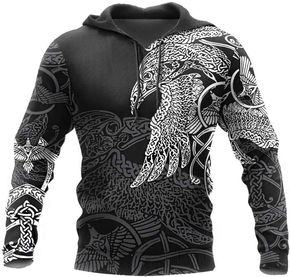 Men's Raven Thor's Hammer Chain Tattoo Full Zip Hoodie, Norse Mythology 3D Printed Long Sleeve ...