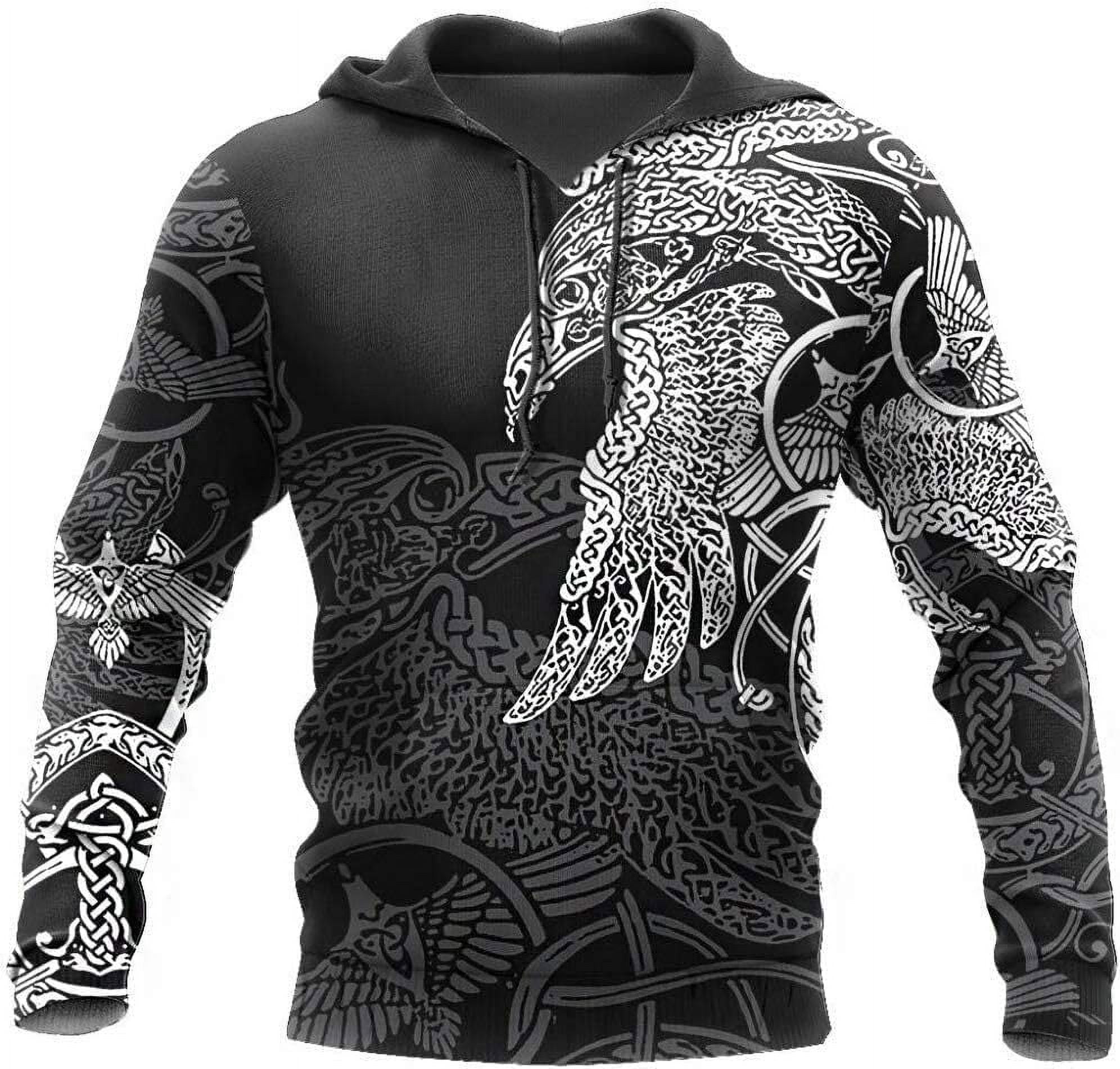Men's Raven Thor's Hammer Chain Tattoo Full Zip Hoodie, Norse Mythology ...