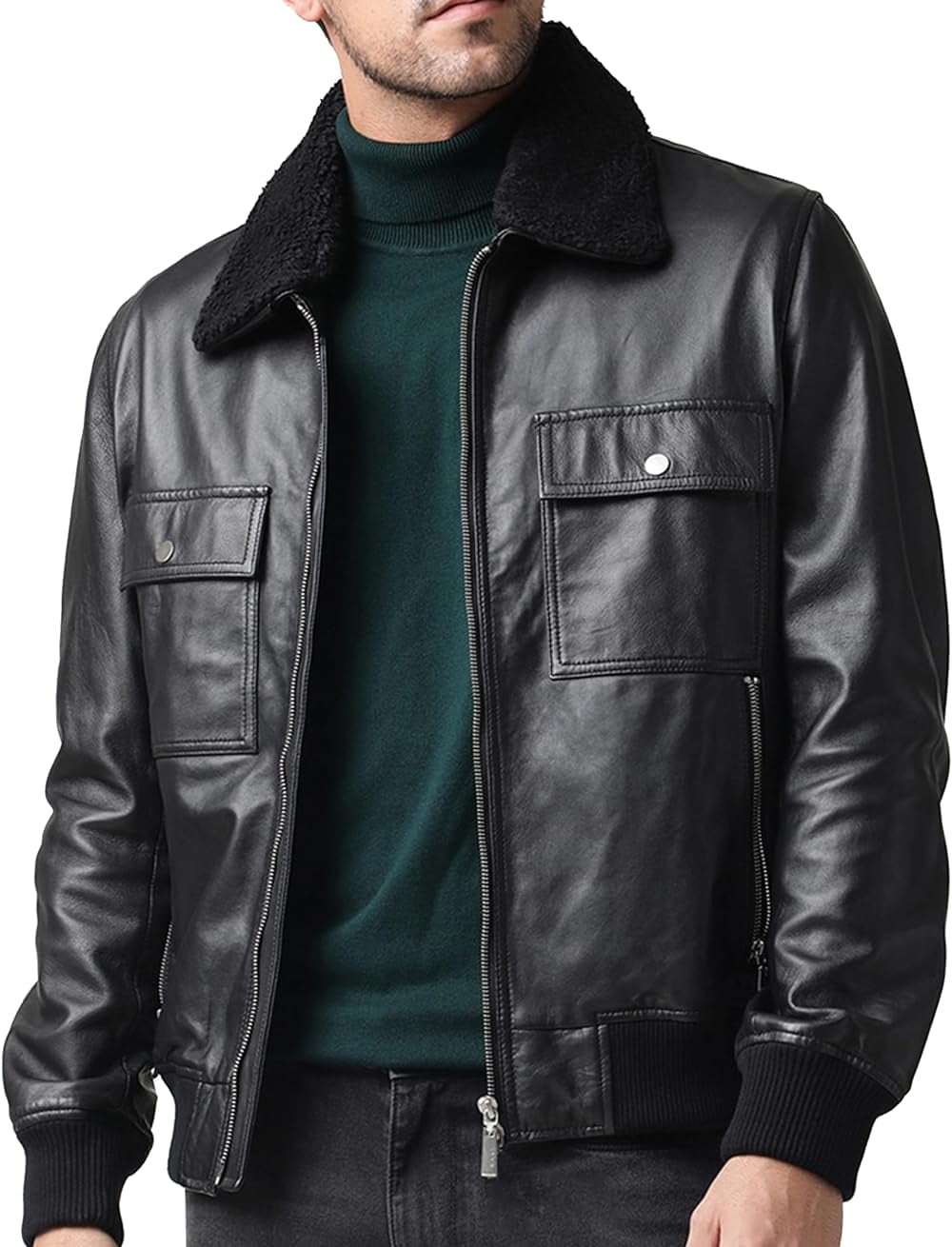 Men's Real Leather Flight Bomber Jacket Air Force Aviator with Sherpa ...