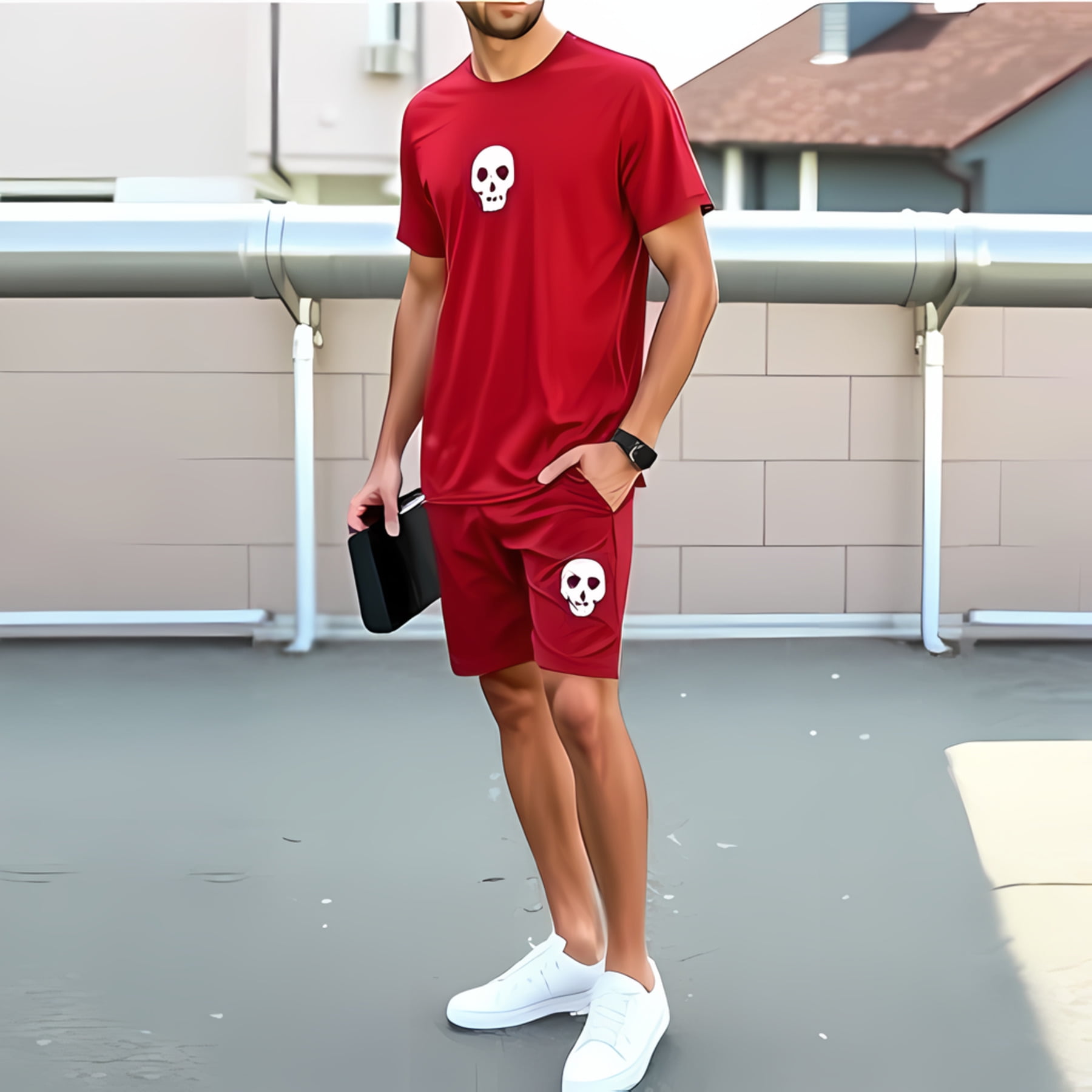 Men's Red Athletic T-Shirt and Shorts Set with Bold Graphic - Stylish ...