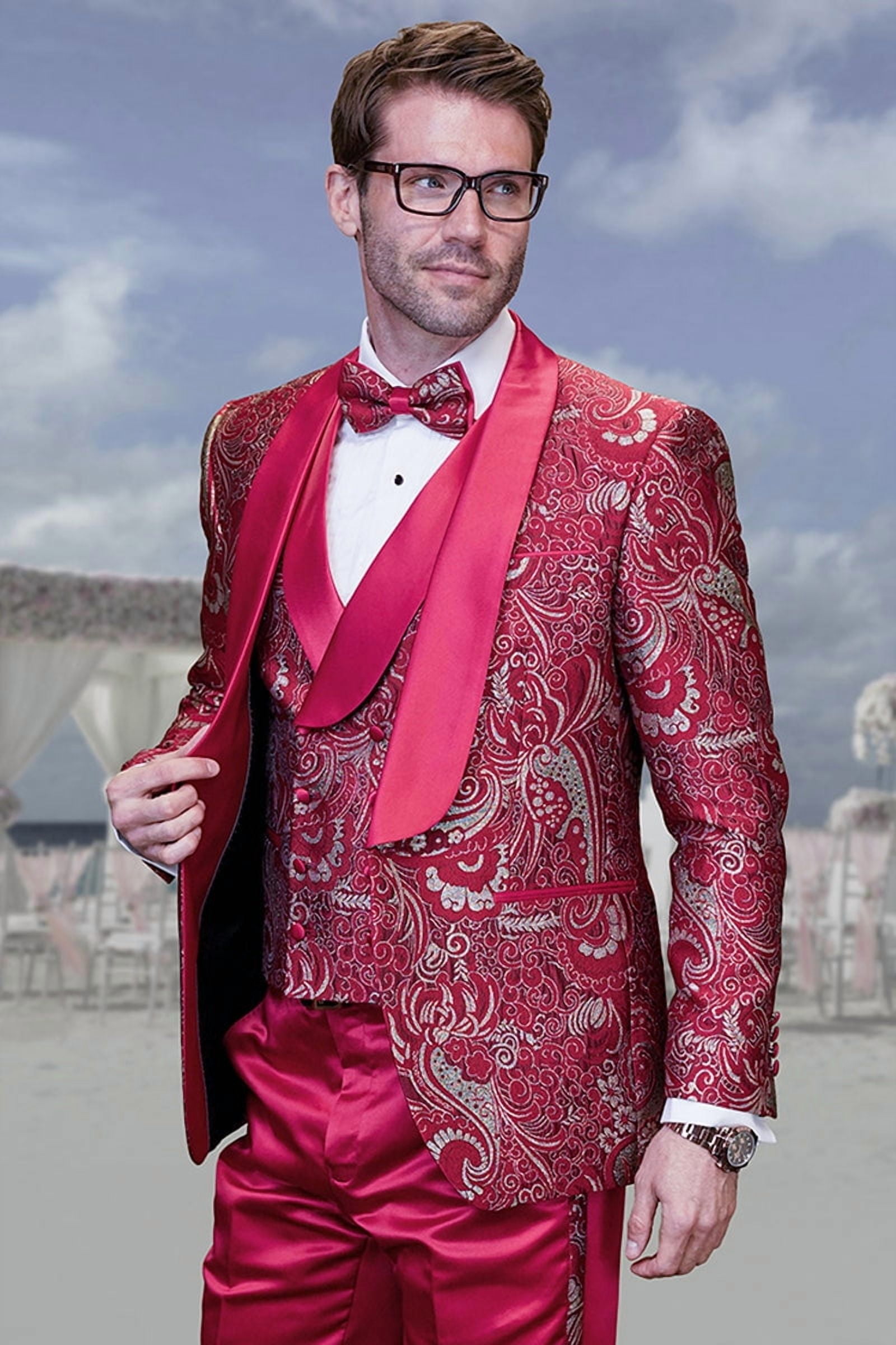 Men's Red Brocade Paisley Tuxedo with Vested Prom 2026 & Wedding Suit ...