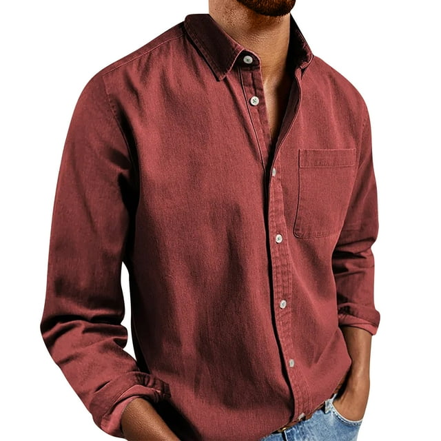 Men's Red Button Down Shirts Summer Loose Cotton Linen Long Sleeve ...