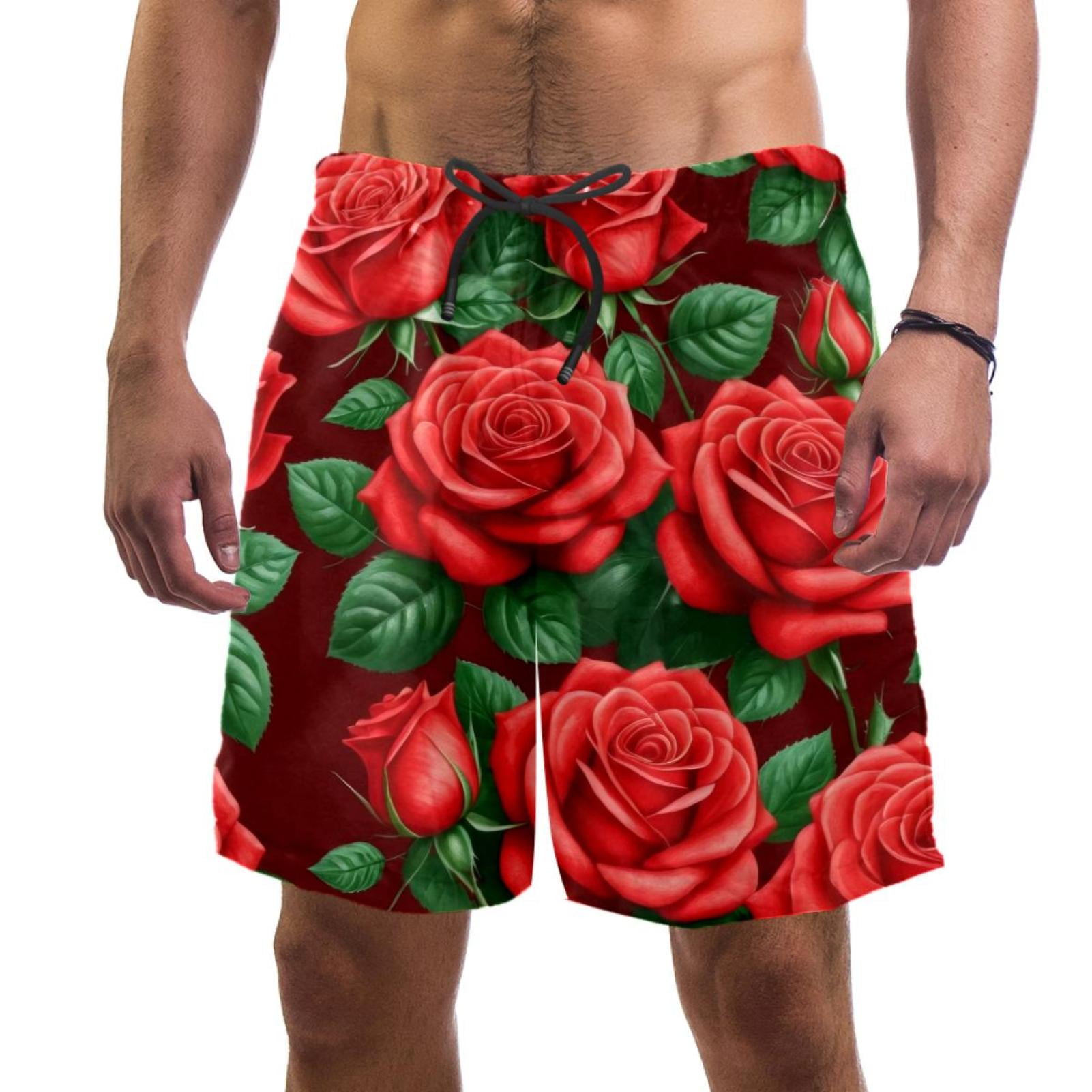 Men's Red Roses Swim Trunks Quick Dry Board Shorts Bathing Suits with ...