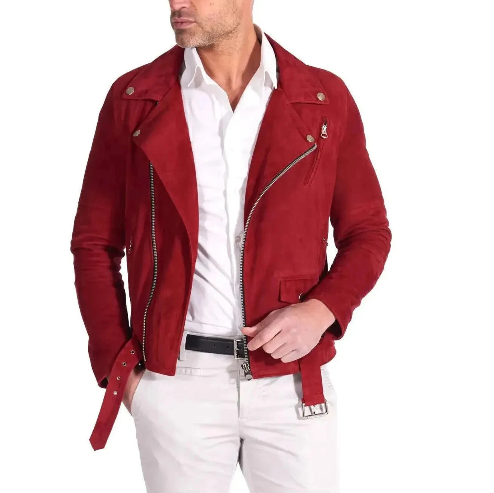 Men's Red Suede Leather Jacket Handmade Vintage Motorcycle Outerwear ...