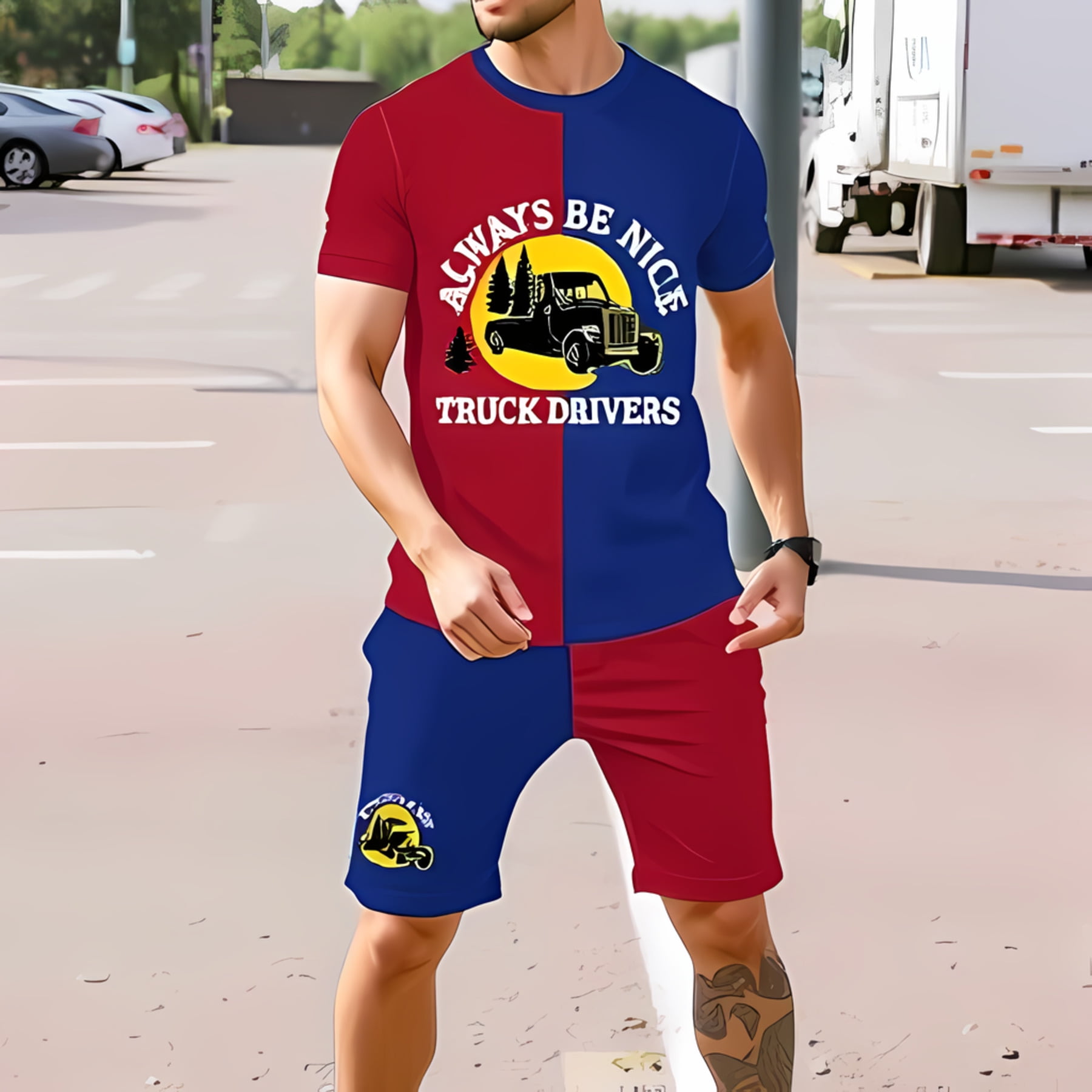 Men's Red and Blue Split - Style T-Shirt with 'ALWAYS BE NICE TRUCK DRIVERS' Graphic & Matching ...