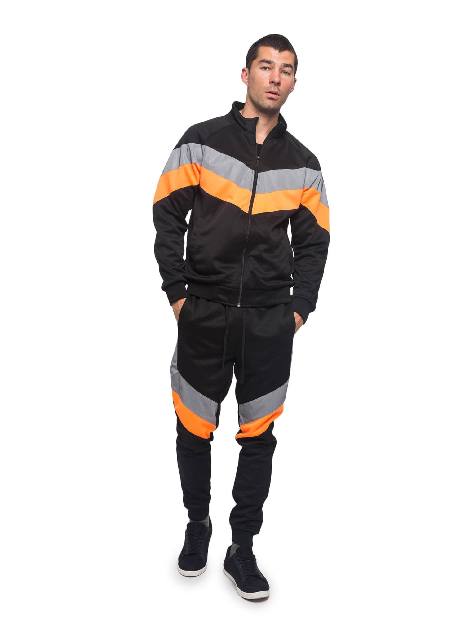 Men's Reflective Neon Track Suits 2 Piece Sweatsuit Set ST580 - Black ...
