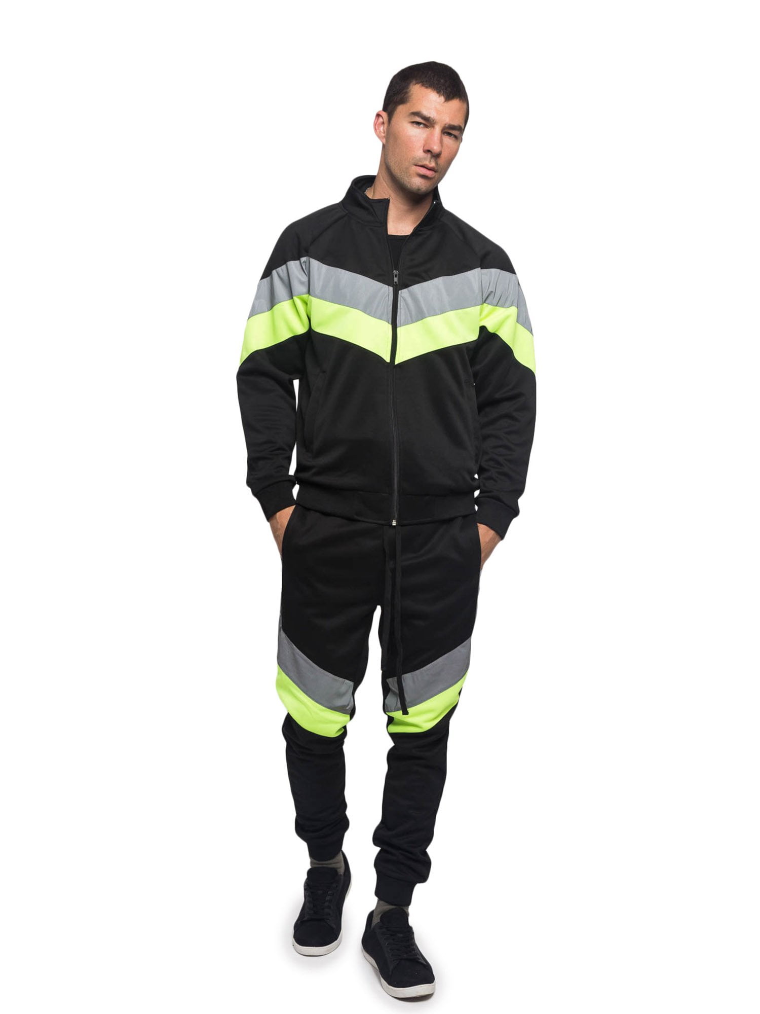 Men's Reflective Neon Track Suits 2 Piece Sweatsuit Set ST580 - Black ...
