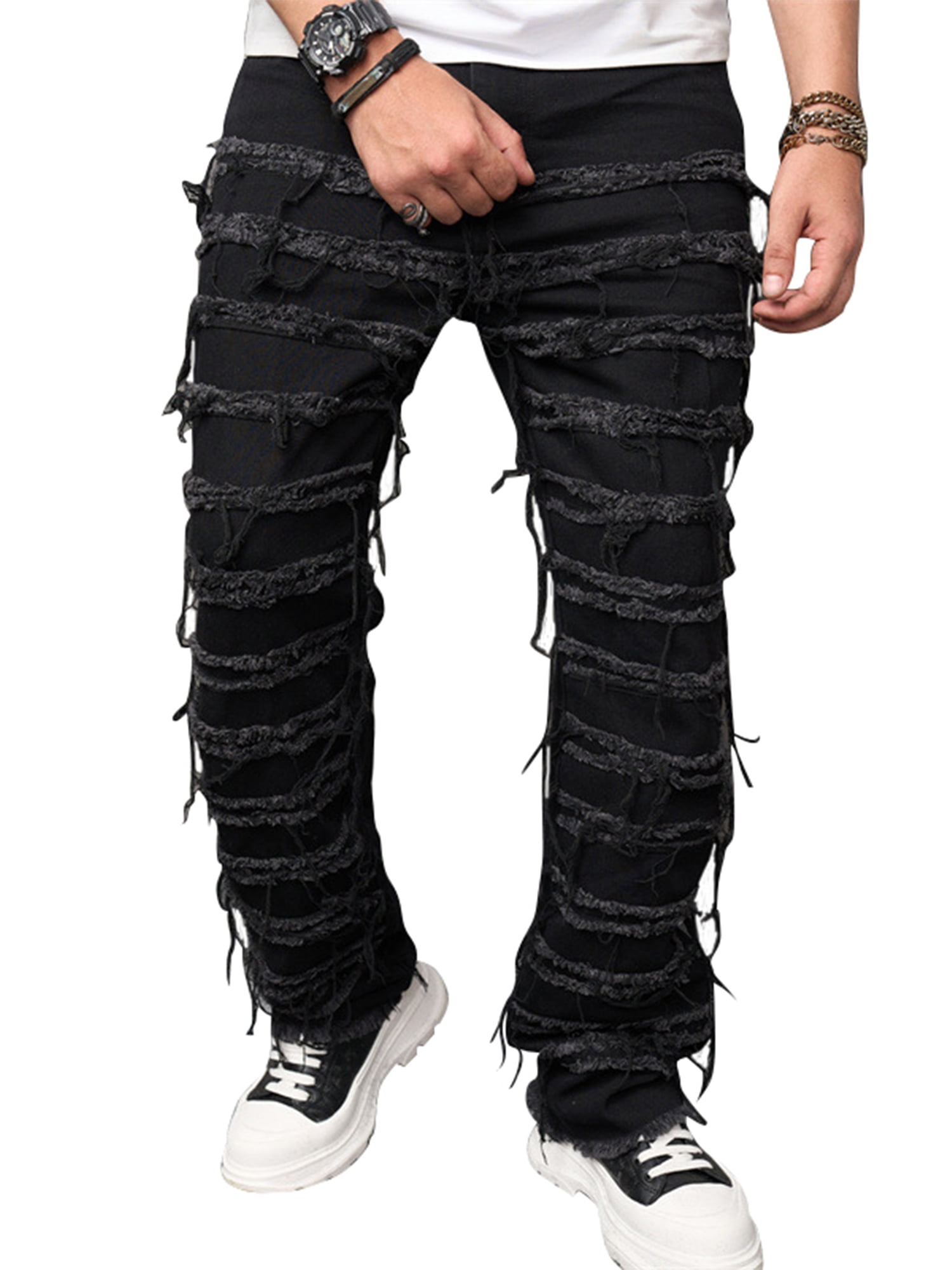 Men's Regular Fit Ripped Stacked Jeans Slim Fit Patch Distressed ...