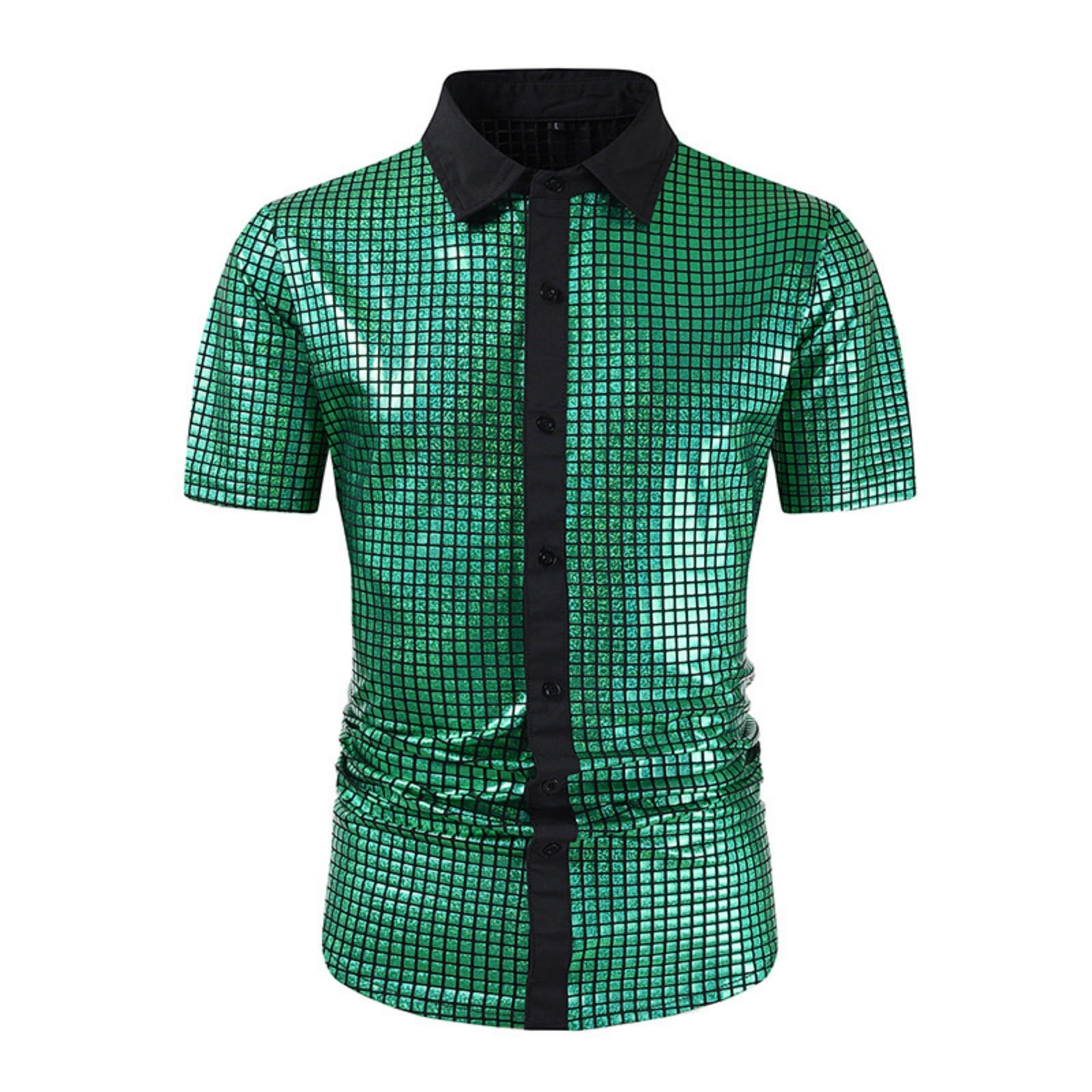 Men's Retro 70s Disco Shirt Sequin Metallic Short Sleeve Button Down Shirt Shiny Party Prom ...