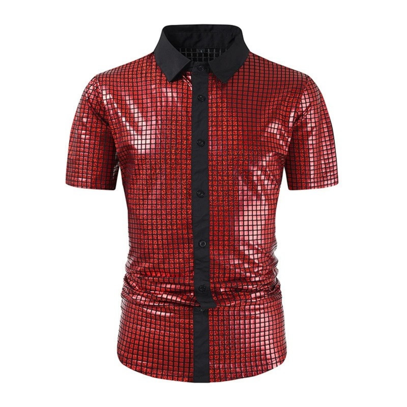 Men's Retro 70s Disco Shirt Sequin Metallic Short Sleeve Button Down Shirt Shiny Party Prom ...