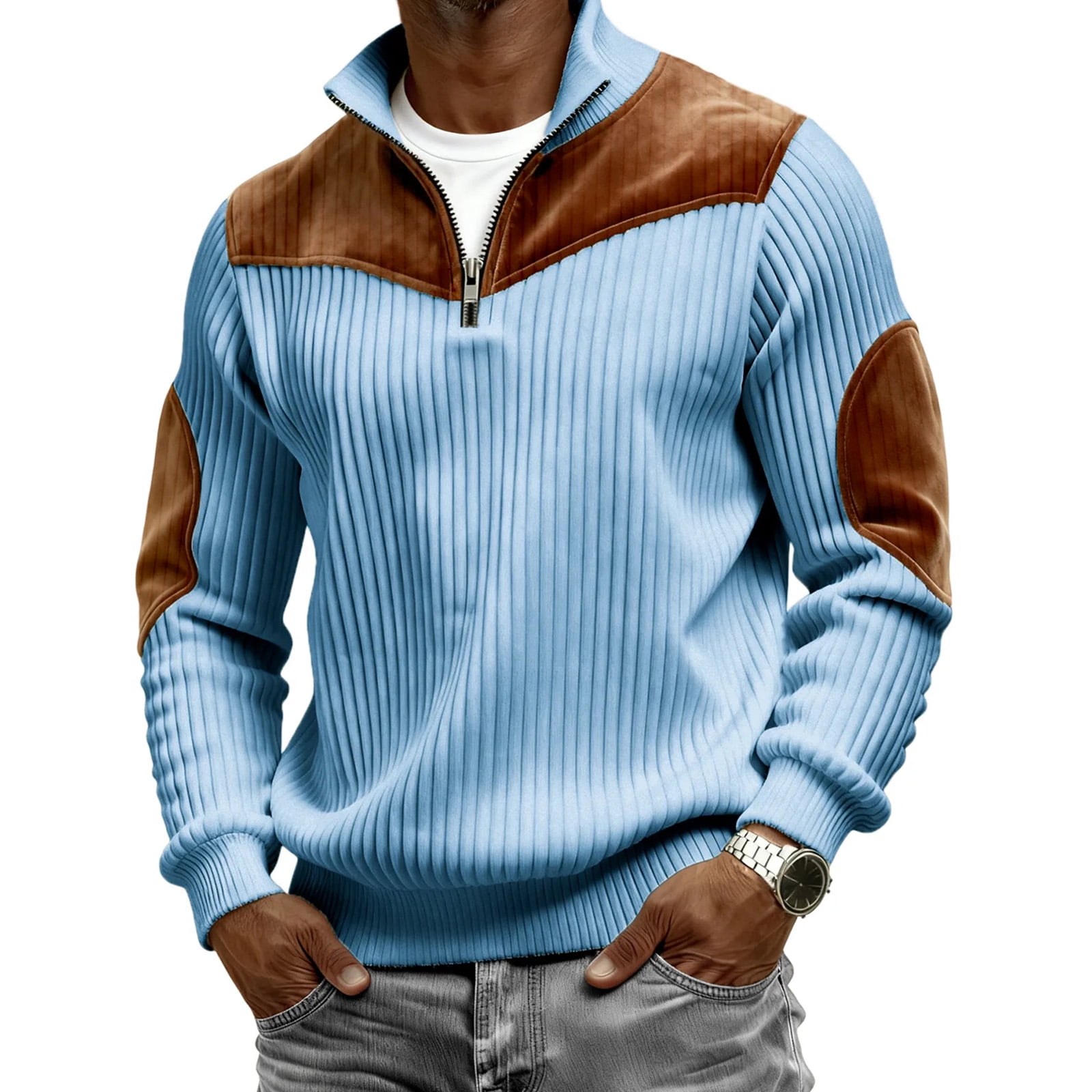 Men's Retro Half-Zip Patchwork Pullover - Vintage Style with Half-Zip ...