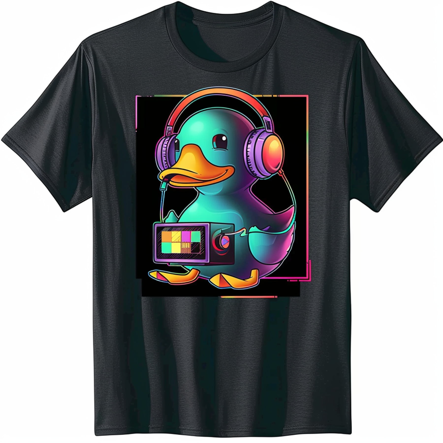 Men's Retro Rubber Duck Music Player Graphic Tee Vibrant Cyberpunk ...