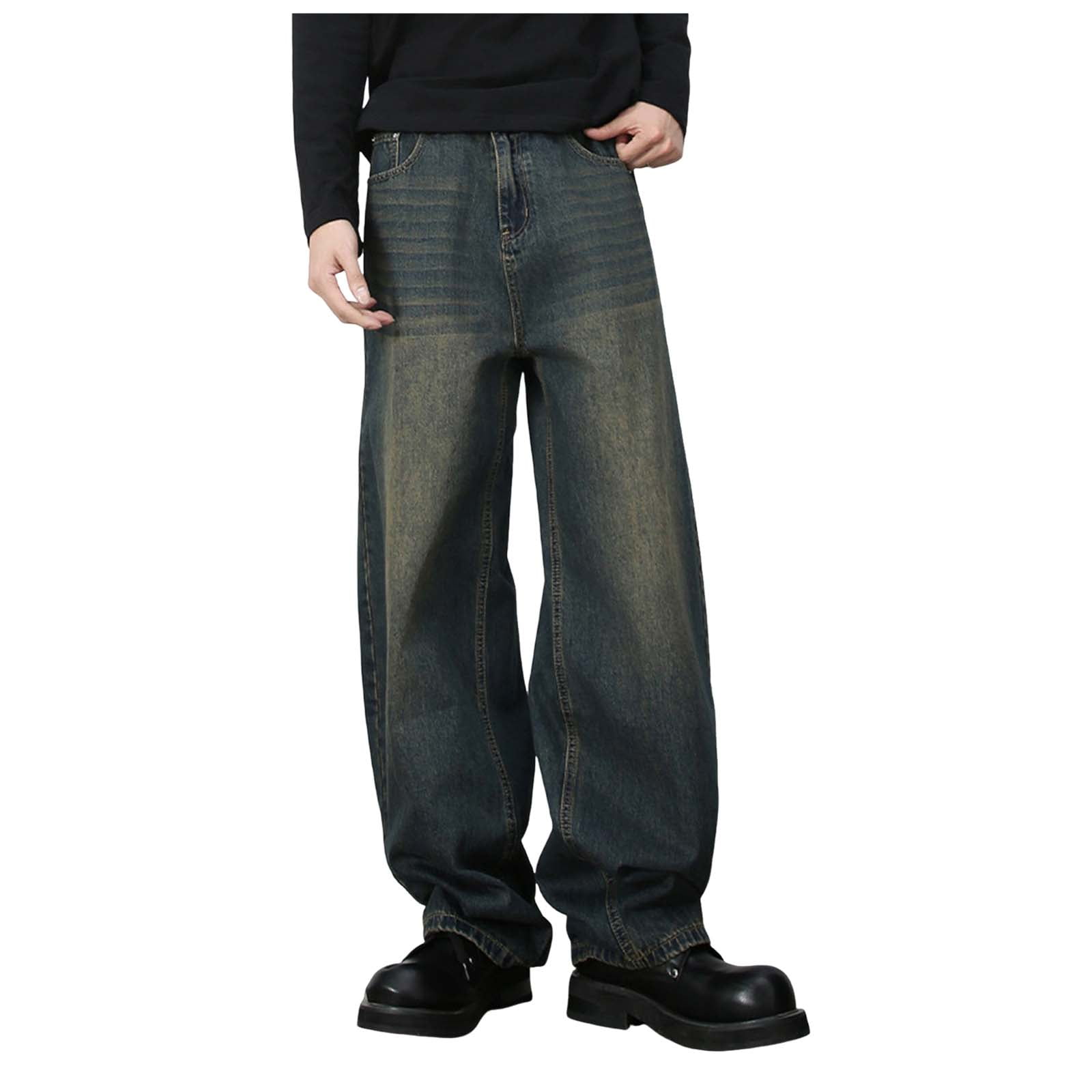 Men's Retro Silhouette Washed Scimitar Jeans Loose Straight Wide Leg ...
