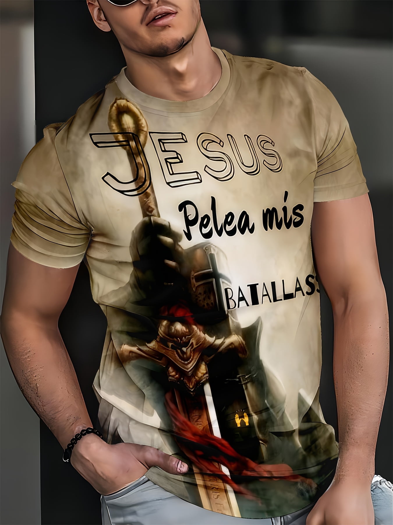 Men's Retro Style 3D Printed T-Shirt - Jesus Christ and Knights Templar ...