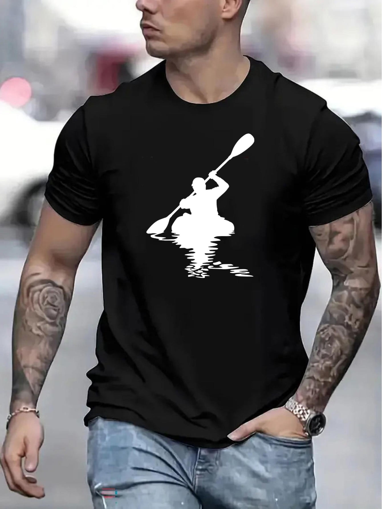 Men's Retro Sunset Kayaking Graphic Tee - Black Casual Crew Neck Short ...