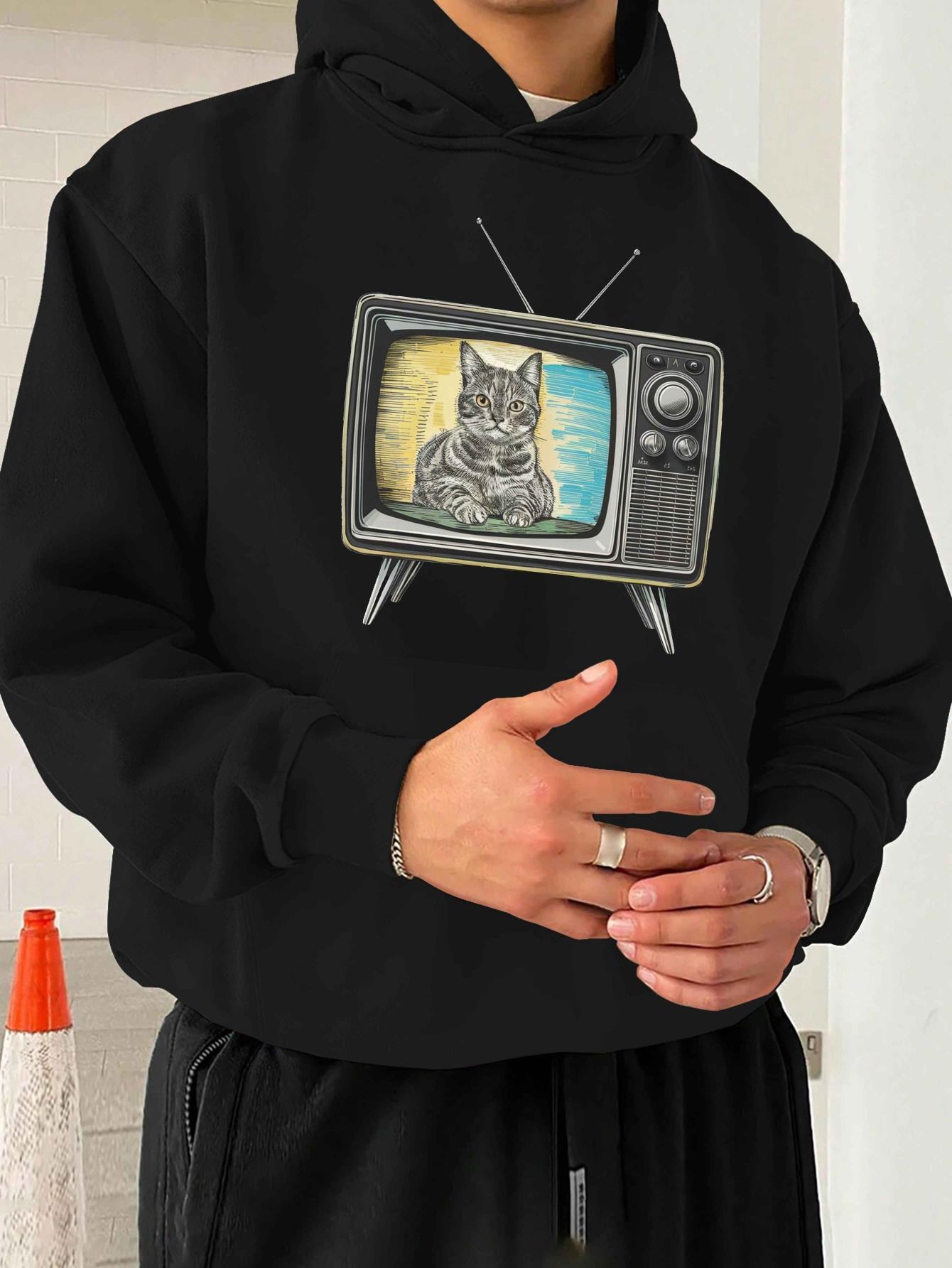 Men's Retro TV & Cat Sketch Hoodie - Vintage 80s/90s Inspired Casual ...