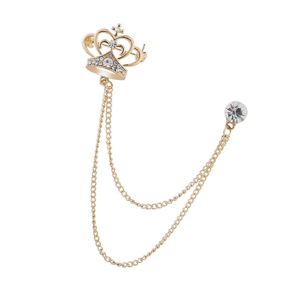 Men's Rhienstone Crown with Layered Chain Tassel Lapel Pin Brooch Pin ...