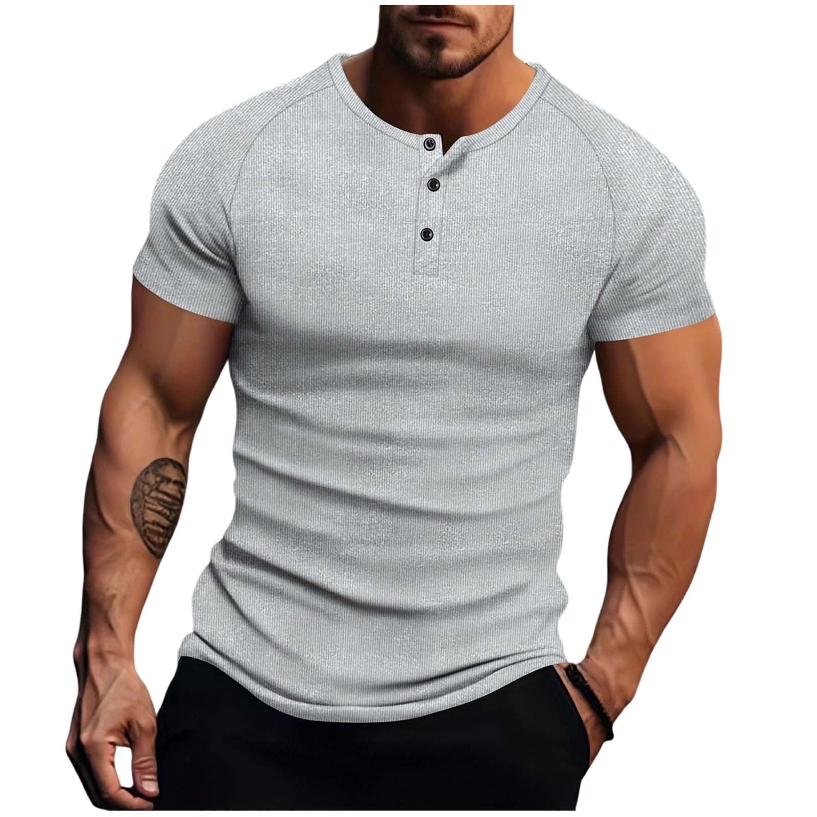 Men's Rib-knit T Shirts Short Sleeve Slim Fit Henley Tees Gym Athletic ...
