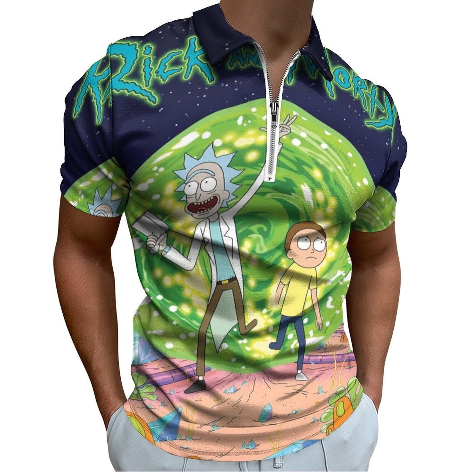 Men's Rick and Mor-t Short Sleeve Zipper Casual Slim Fit Printed Golf ...