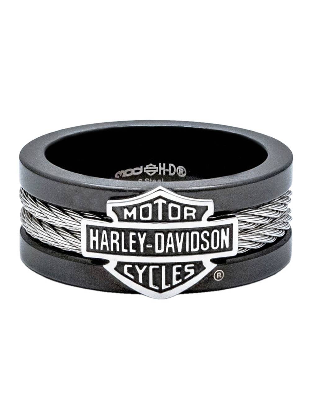 Men's Ring, Bar & Shield Steel Cable Band, Black HSR0021, Harley ...