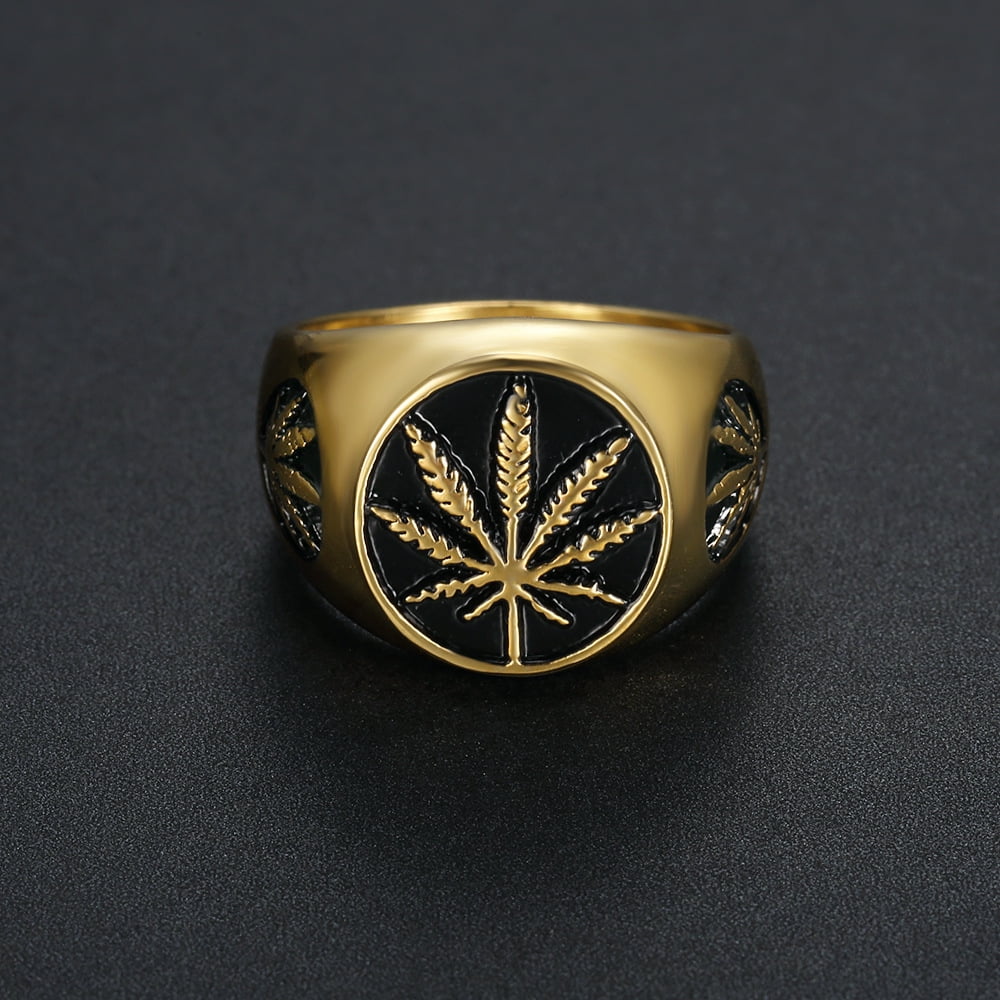Men's Ring Punk Rock Solid 14K Yellow Gold Maple Leaves Rings for Men ...