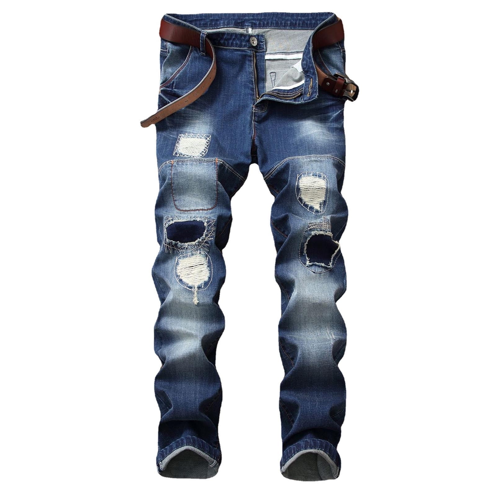 Men's Ripped Destroyed Straight Fit Washed Denim Jeans Slim Fit Jean ...