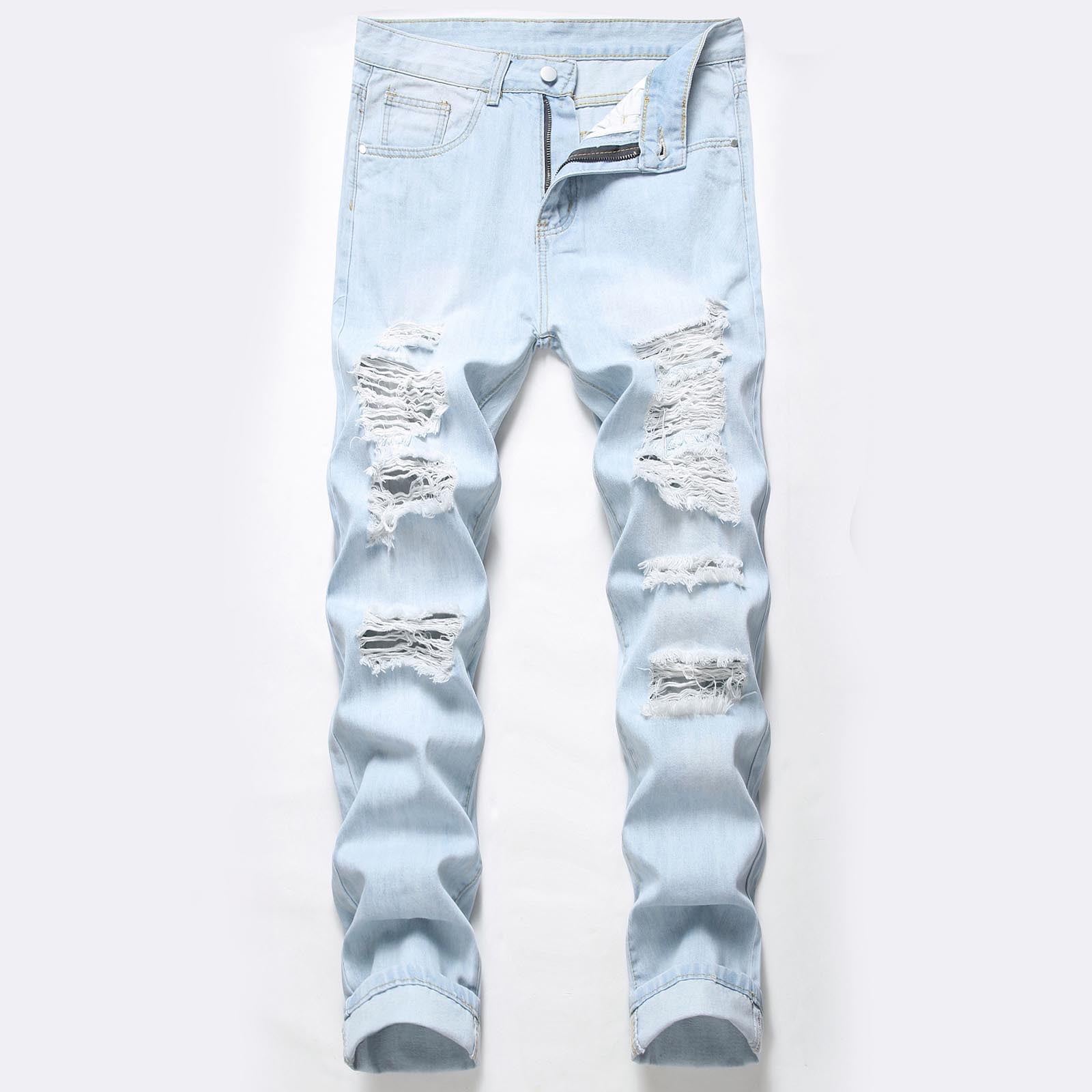Men's Ripped Destroyed Straight Fit Washed Denim Jeans Slim Fit Jean ...