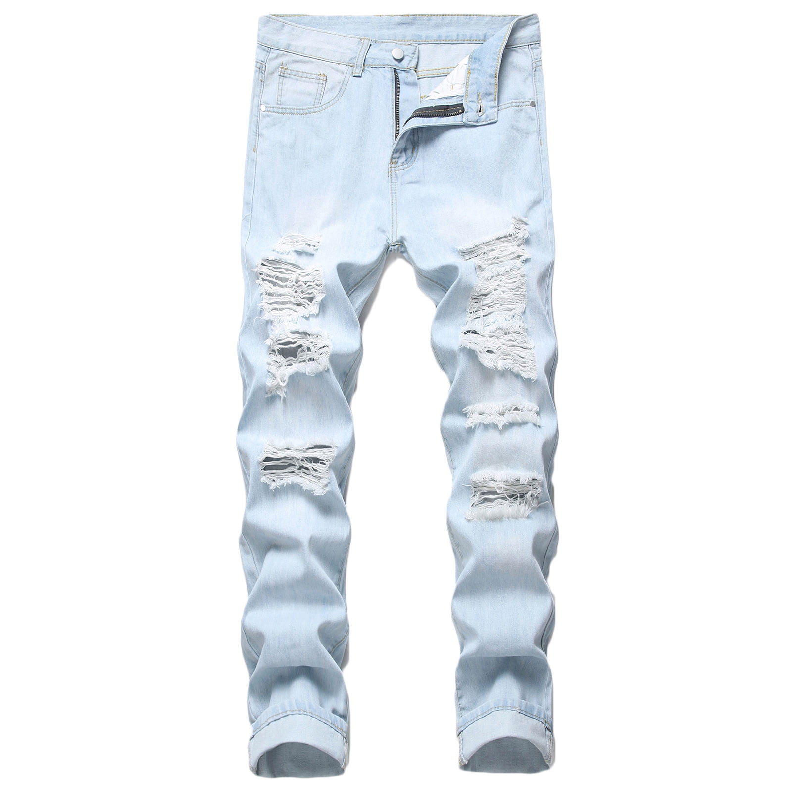 Men's Ripped Destroyed Straight Fit Washed Denim Jeans Slim Fit Jean ...