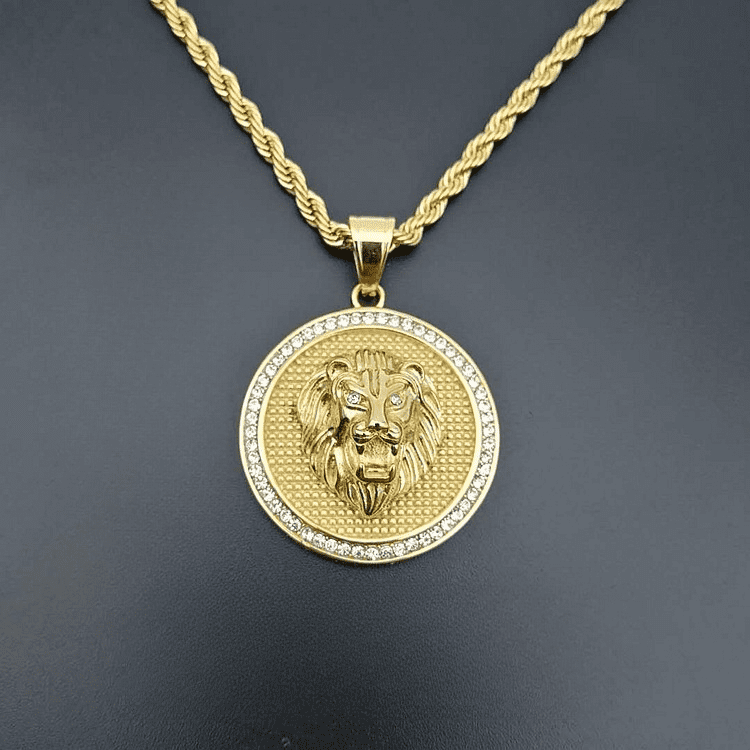 Men's Rock Hip Hop Crystal Inlay Lion Head Pendant 14K Yellow Gold ...