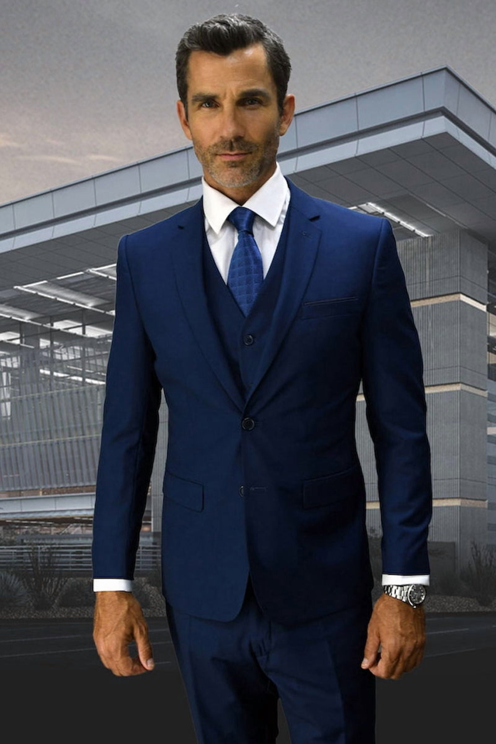 Men's Statement Suits Sapphire Blue Wool Vested Suit 40 Regular ...