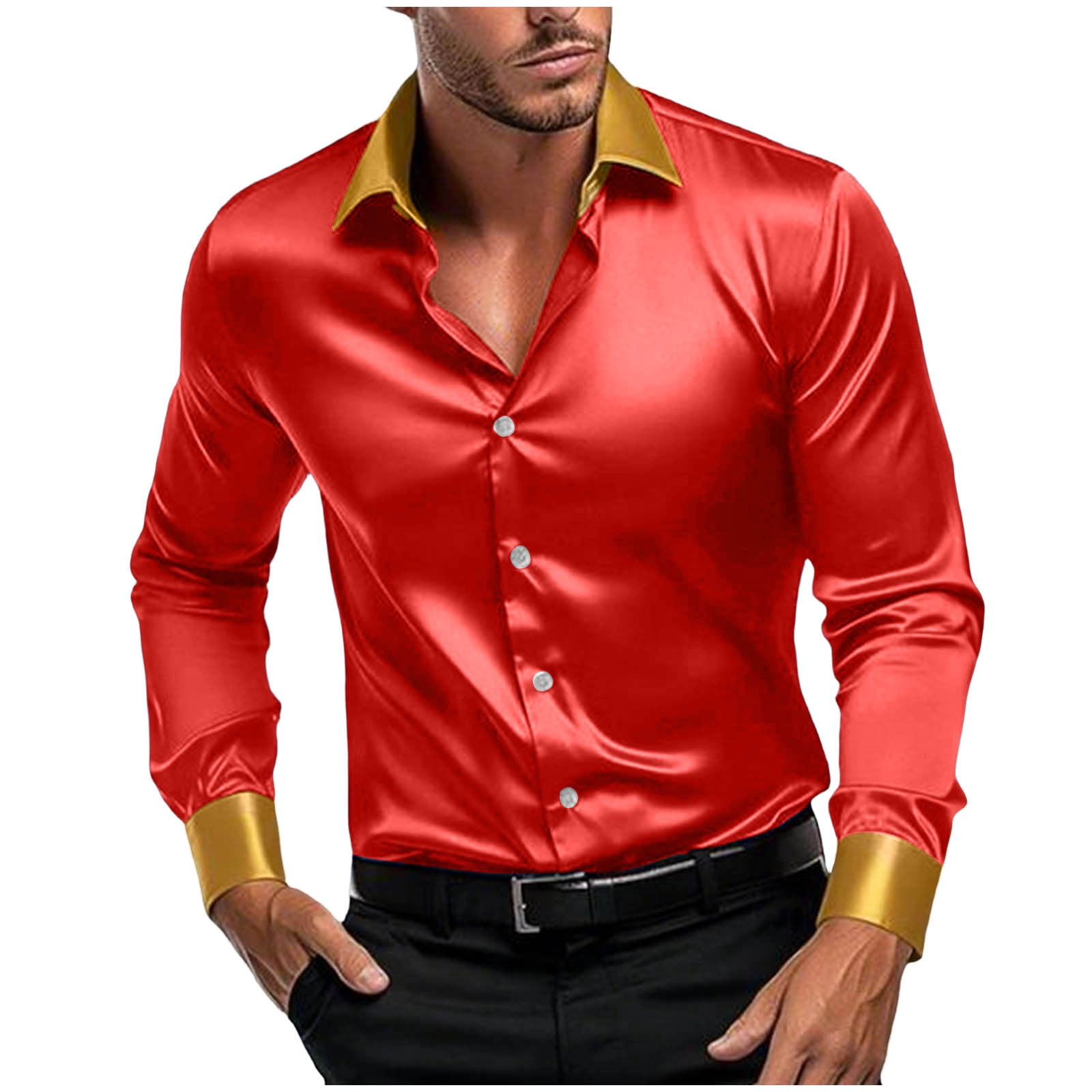 Men's Satin Shirts Vintage Color Block Top Casual Long Sleeve Turndown ...
