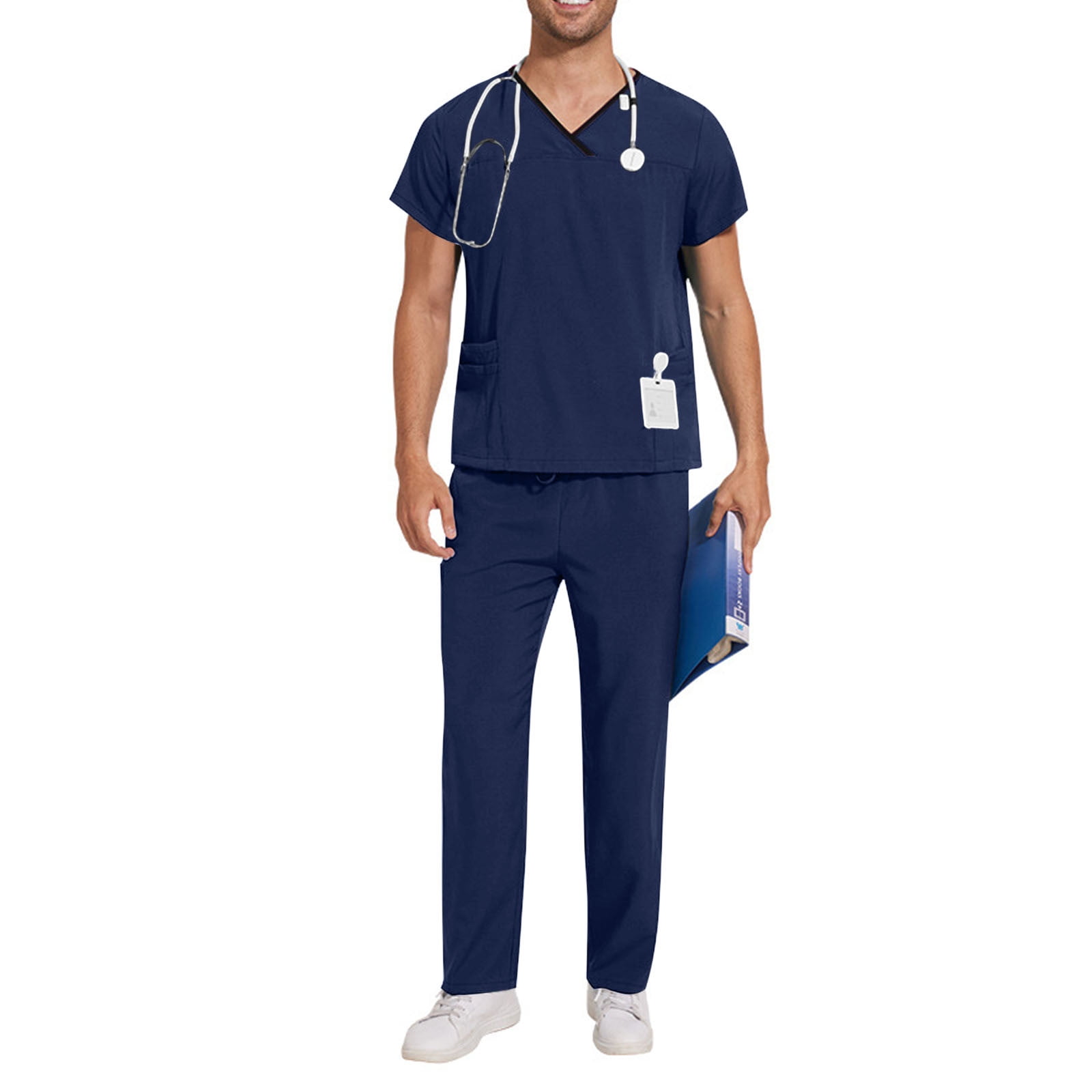 Men's Scrub Set Nursing Uniforms Solid Color V-neck Pocket Caregiver ...