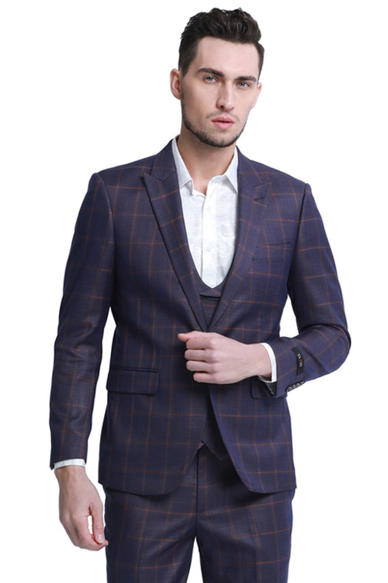 Men's Sean Alexander Suits Burgundy Plaid Slim Fit Suit With Double ...