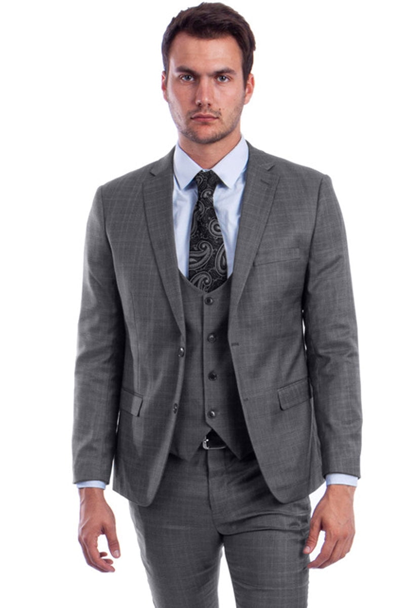 Men's Sean Alexander Suits Grey Plaid Skinny Fit Suit With Low Cut Vest ...