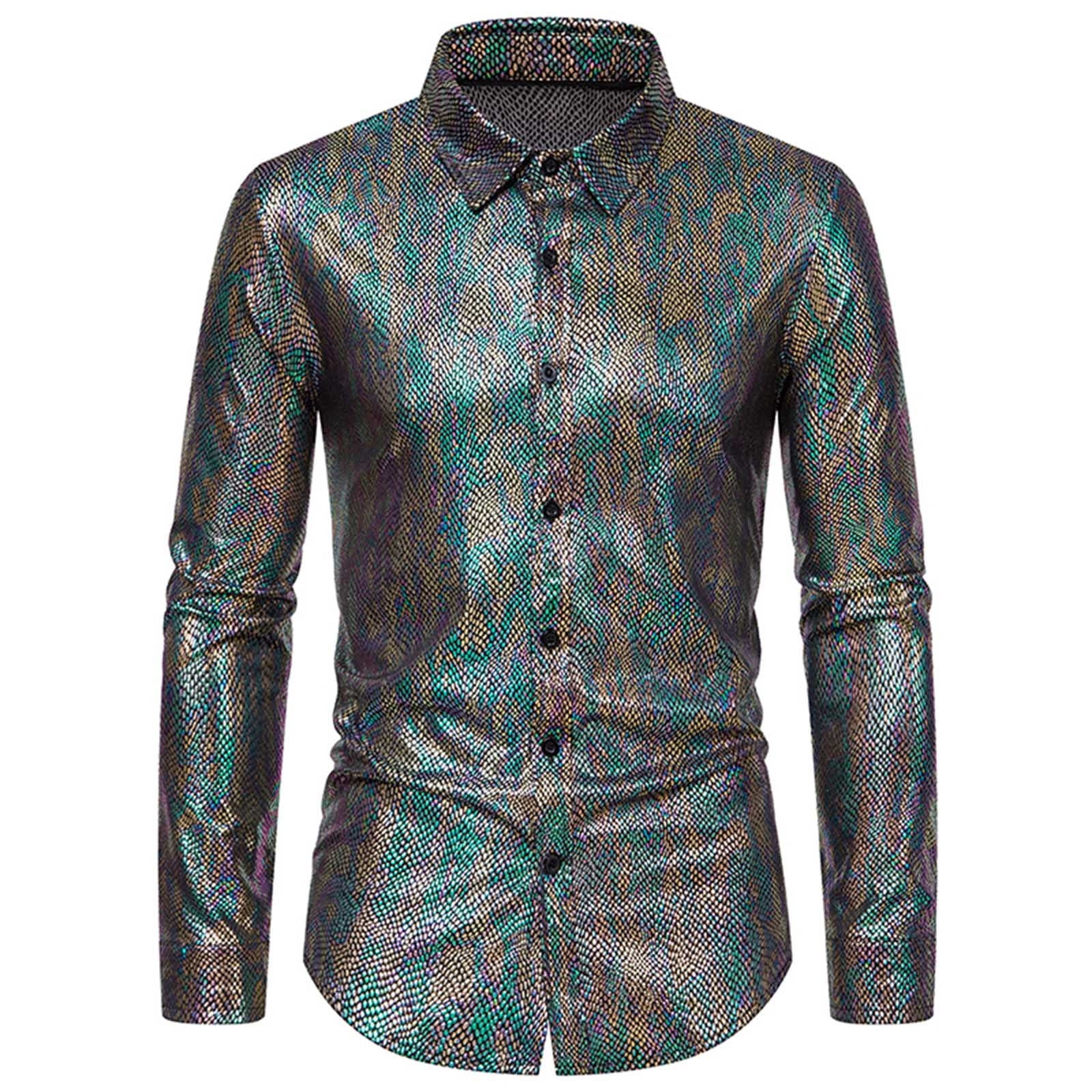 Men's Sequin Dress Shirt 70s Disco Costume Sparkle Party Long Sleeve ...