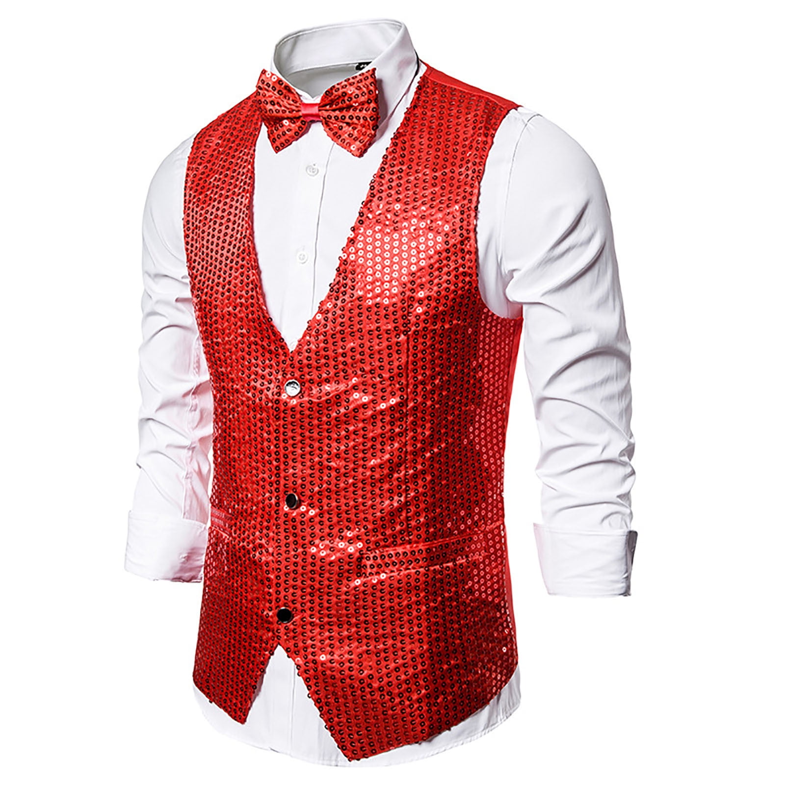 Men's Sequin Shiny Vest Slim Fitted Button Down V Neck Sleeveless Suit ...