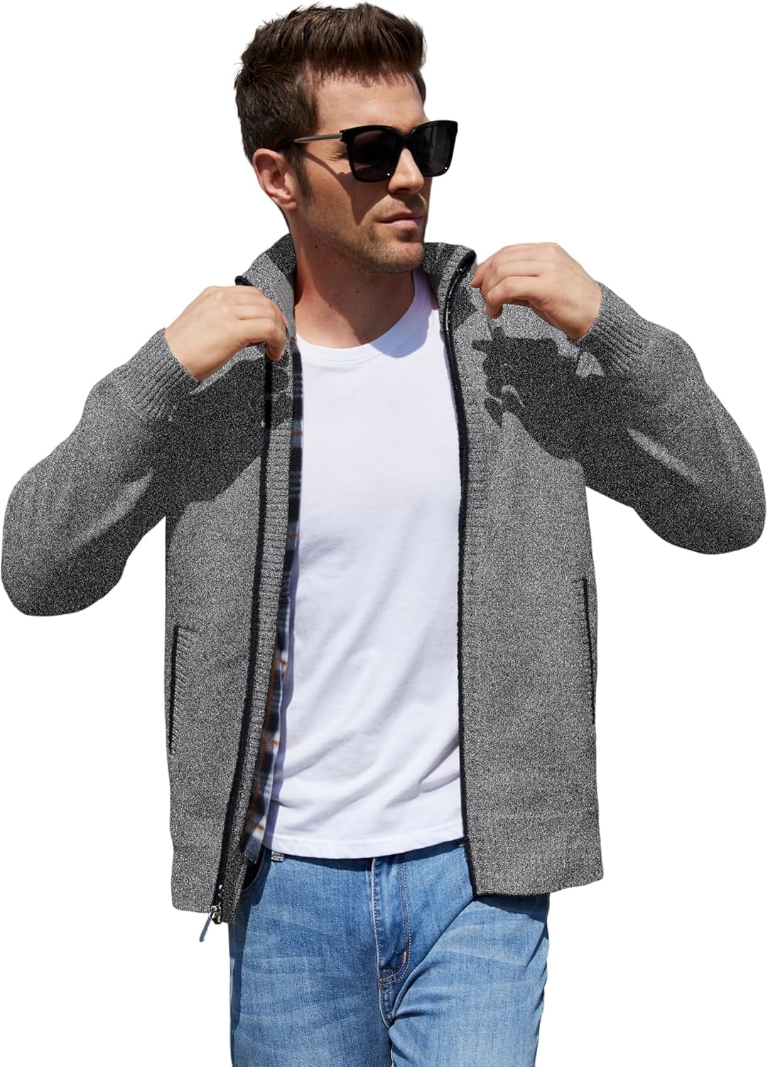 Men's Shawl Collar Cardigans Slim Fit Button Cable Knit Black Sweater ...
