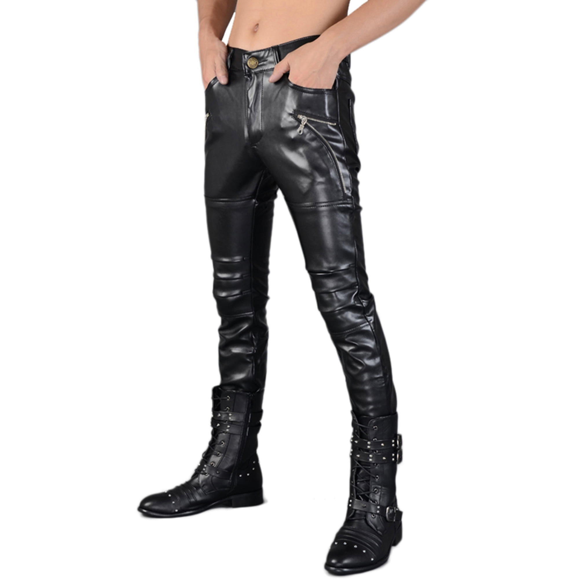 Men's Shiny Black PU Faux Leather Pants Slim Fit Biker Style Zipper ...