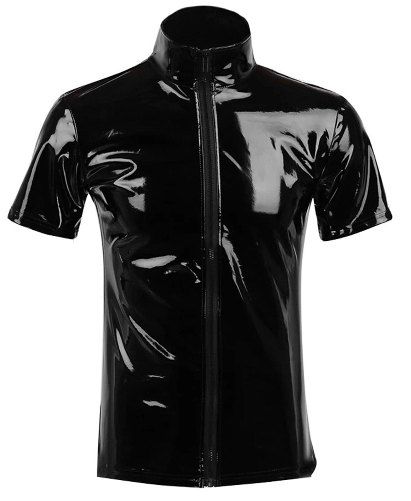 Men's Shiny Metallic PVC Leather Jacket Shirt Short Sleeve Wetlook ...