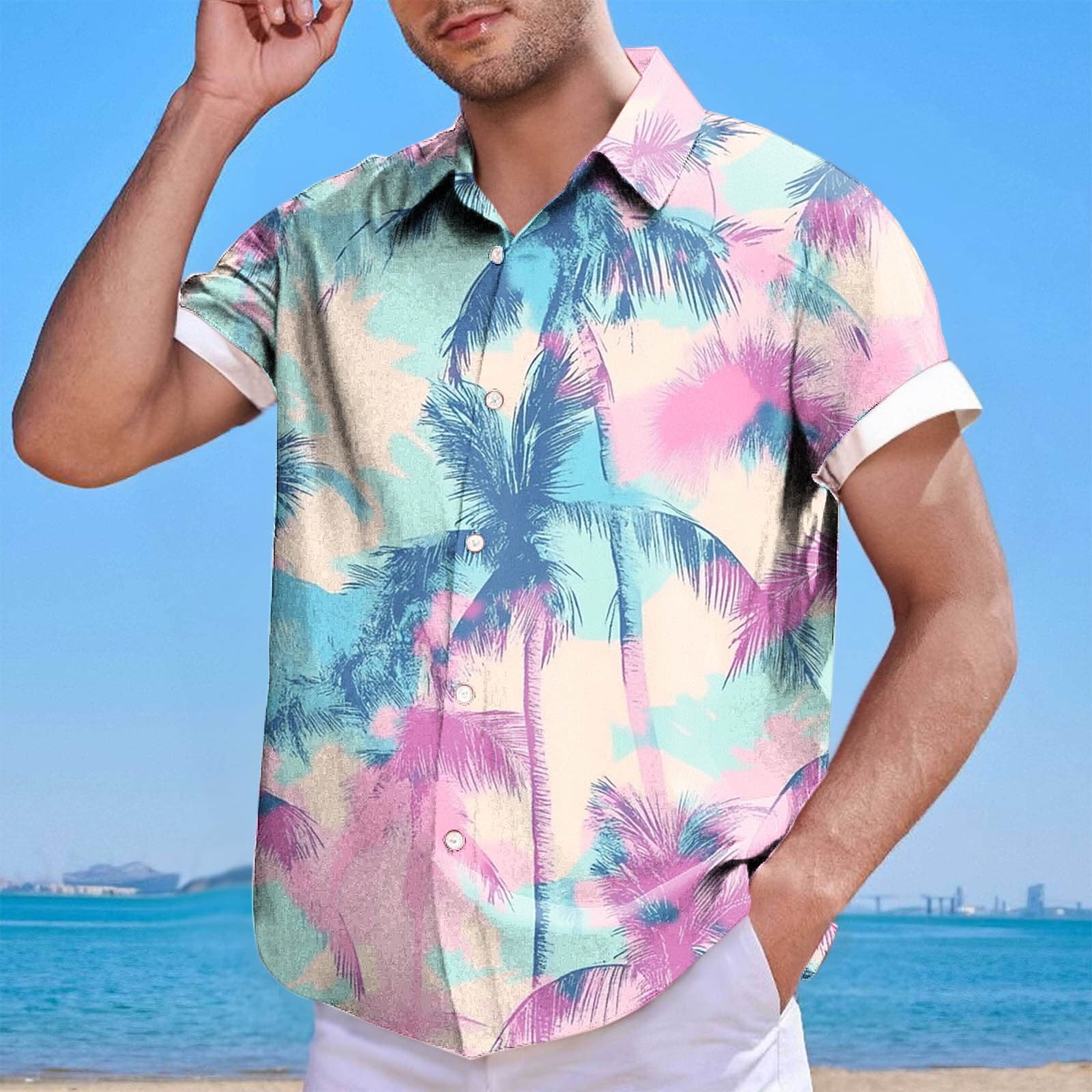 Men's Shirt Hawaiian Printed Shirts Button Cardigan Short Sleeve Blouse ...