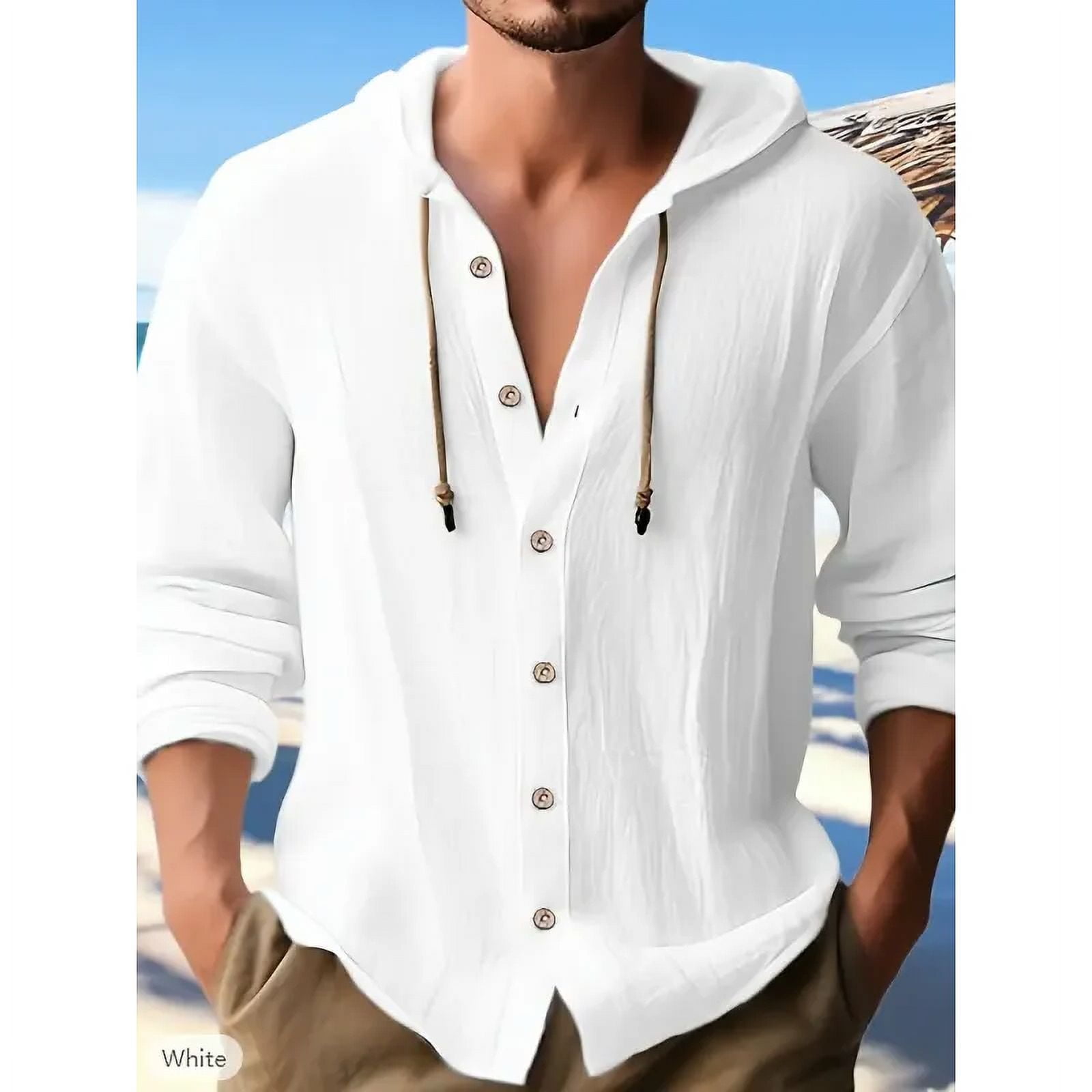 Men's Shirts Cotton Linen Lightweight Hooded Pullover - Drawstring ...