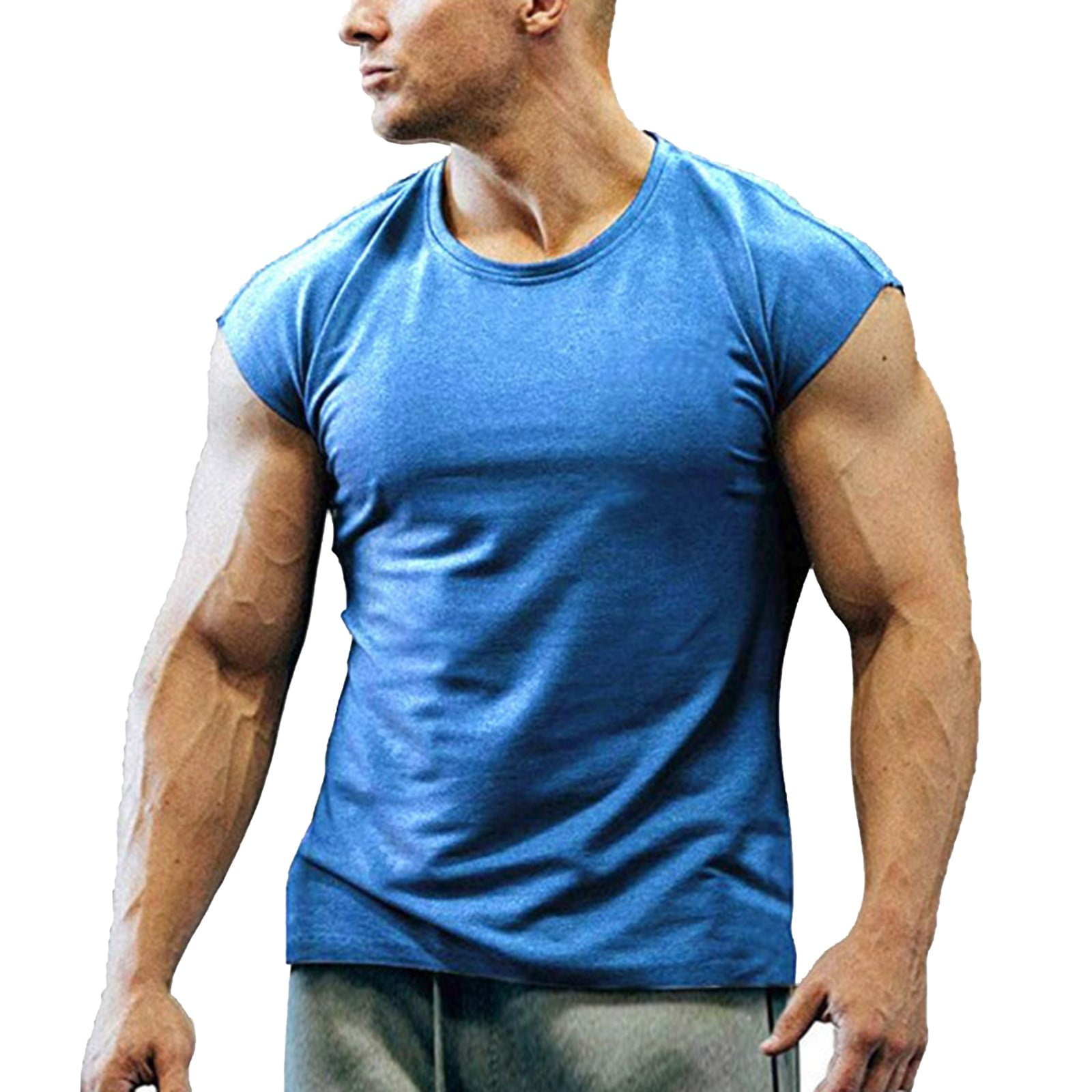 Mens Shirts Leisure Trend Solid Color Round Neck Fitness Short Sleeve
