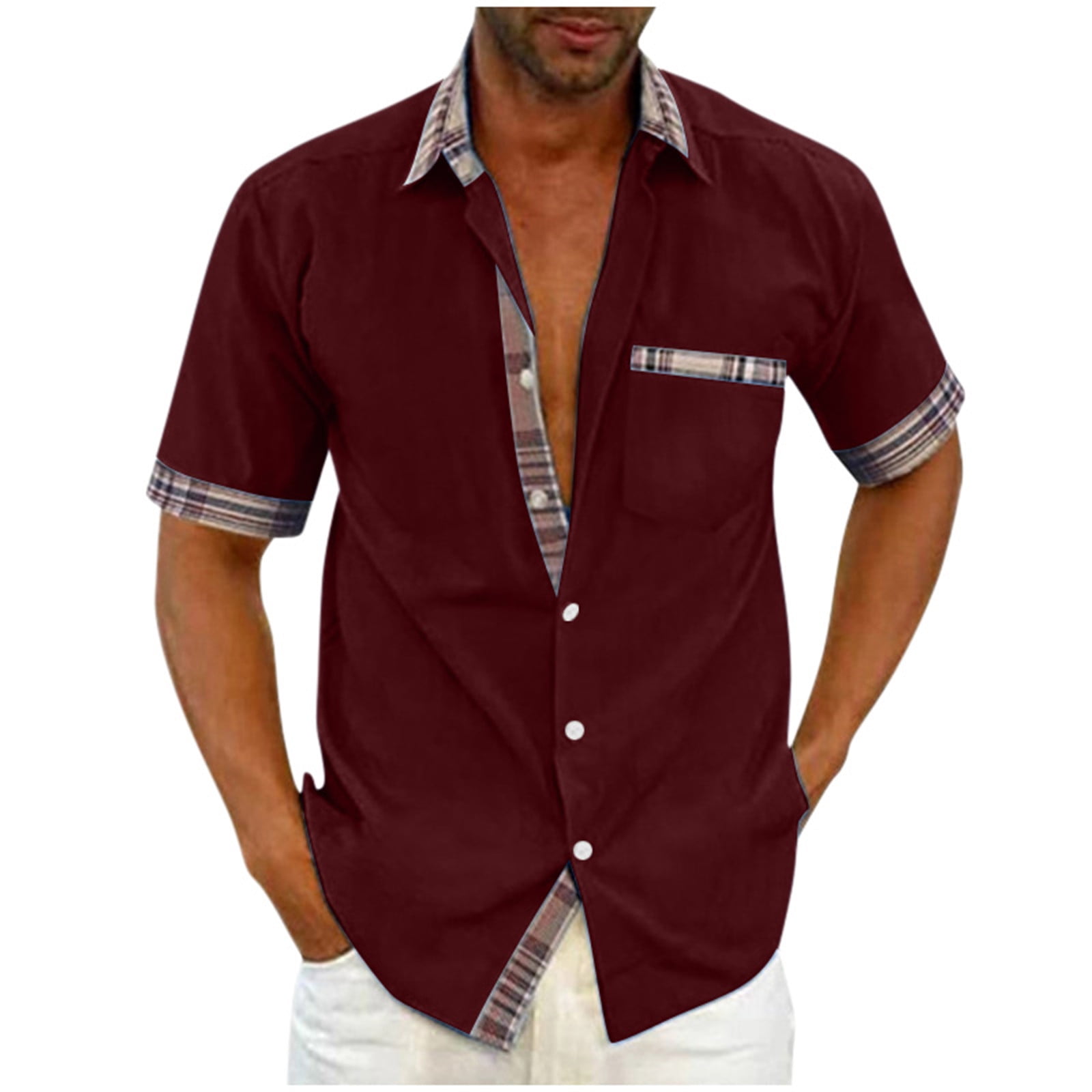 Men's Shirts Short Sleeve Dress Shirts for Men Casual Plaid Collar Button Down Shirt Solid ...