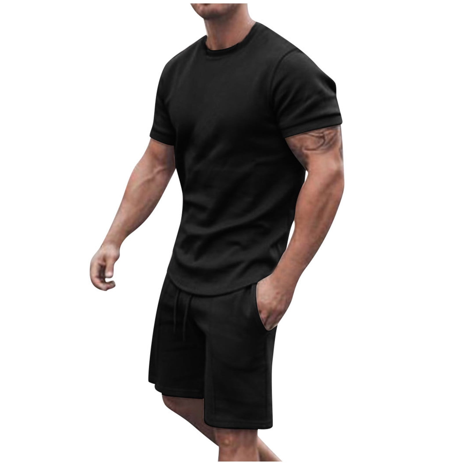Men's Short Sets 2 Piece Outfits Solid Pull-On Tee Tops and Double ...
